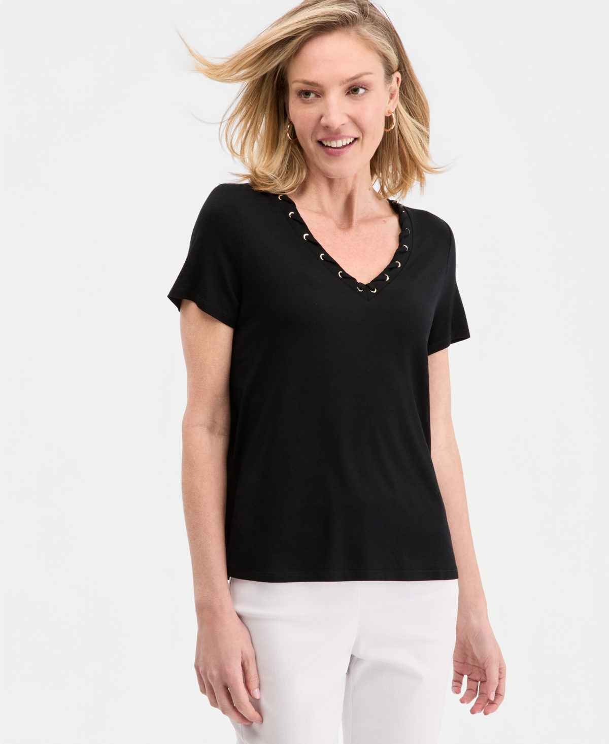 Click here for Jm Collection Womens Laced-Grommet-Trim V-Neck Top... prices