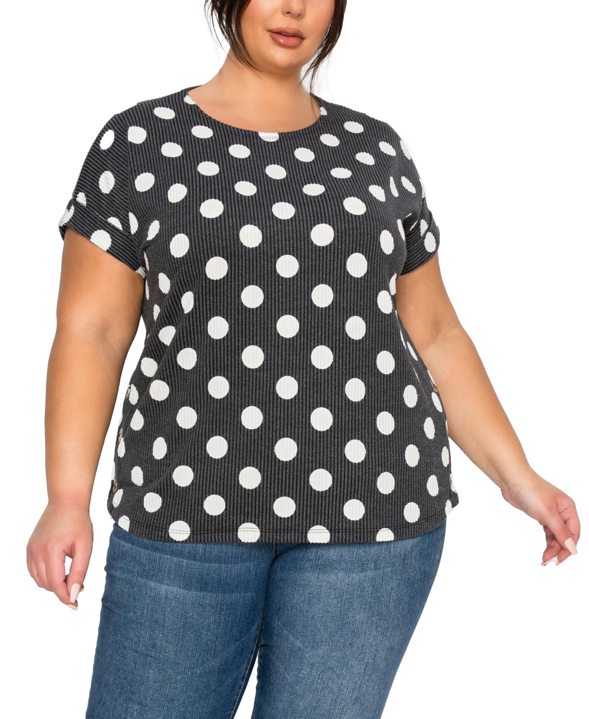 Click here for Coin 1804 Plus Size Polka Dot Double Knit Rolled S... prices