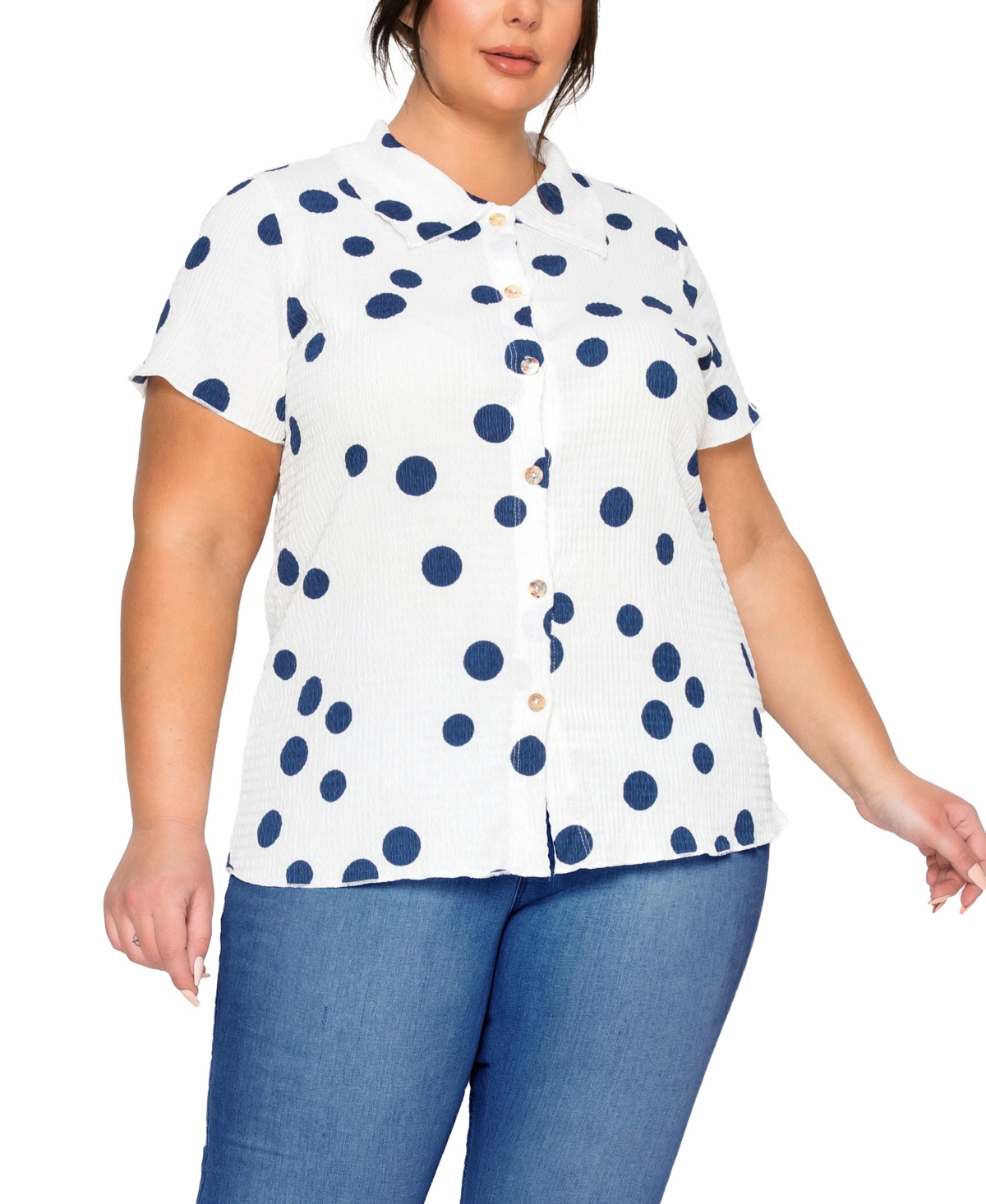 Click here for Coin 1804 Plus Size Polka Dot Crinkle Knit Button... prices