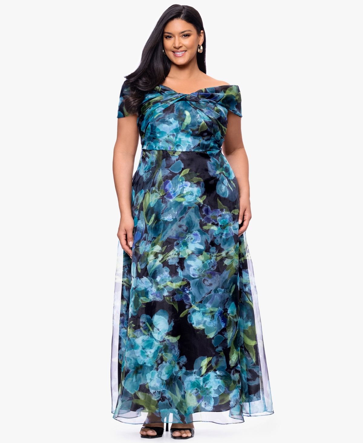 Click here for Betsy & Adam Plus Size Printed Off-the-Shoulder Ba... prices