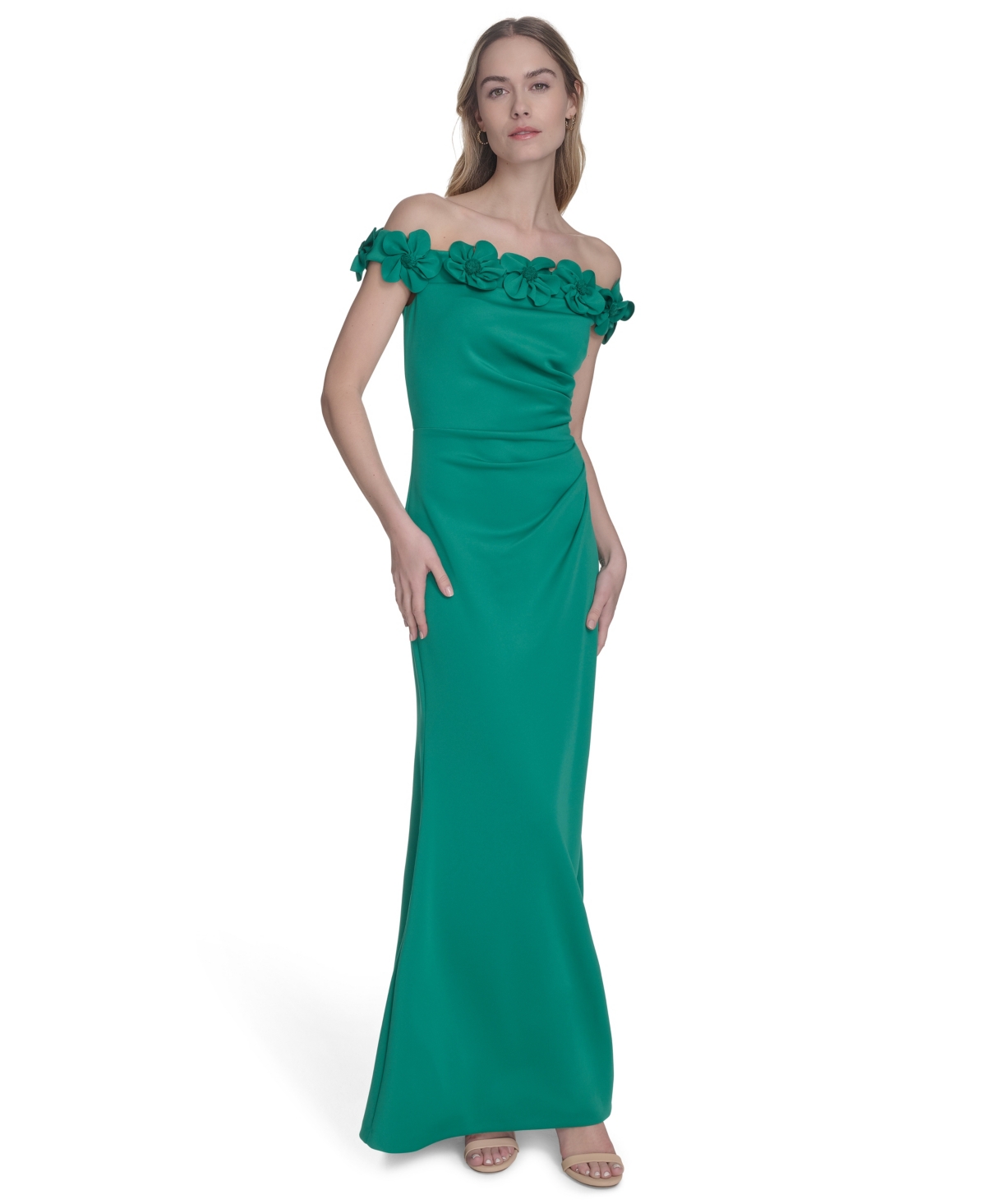 Click here for Eliza J Petite Off-The-Shoulder Floor Length Gown... prices