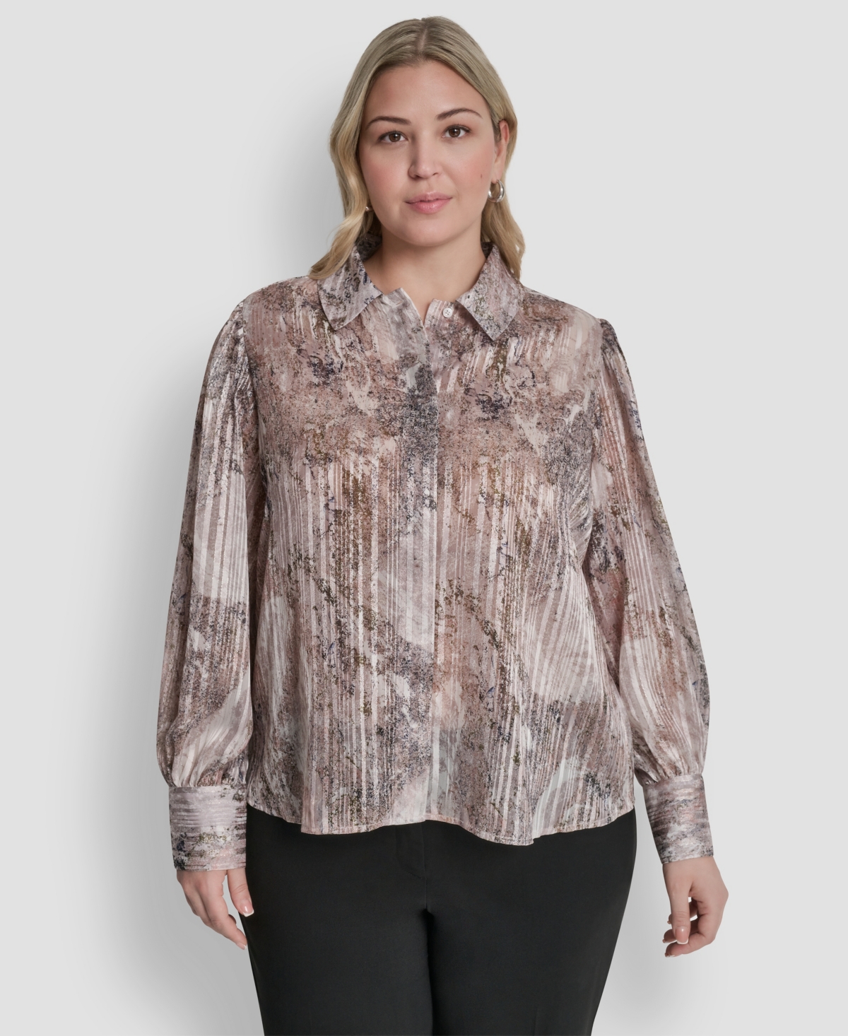 Click here for Dkny Plus Size Collared Neck Long-Sleeve Top - Coc... prices