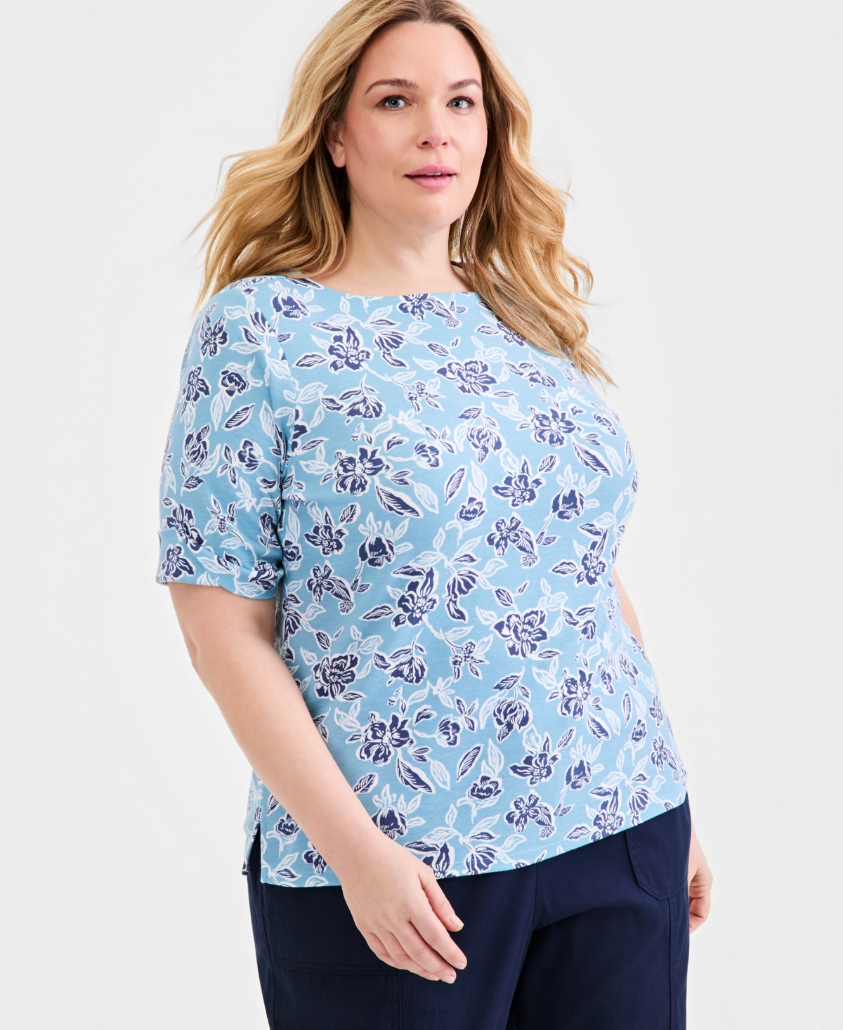 Click here for Style & Co Plus Size Printed Boat-Neck Elbow Sleev... prices