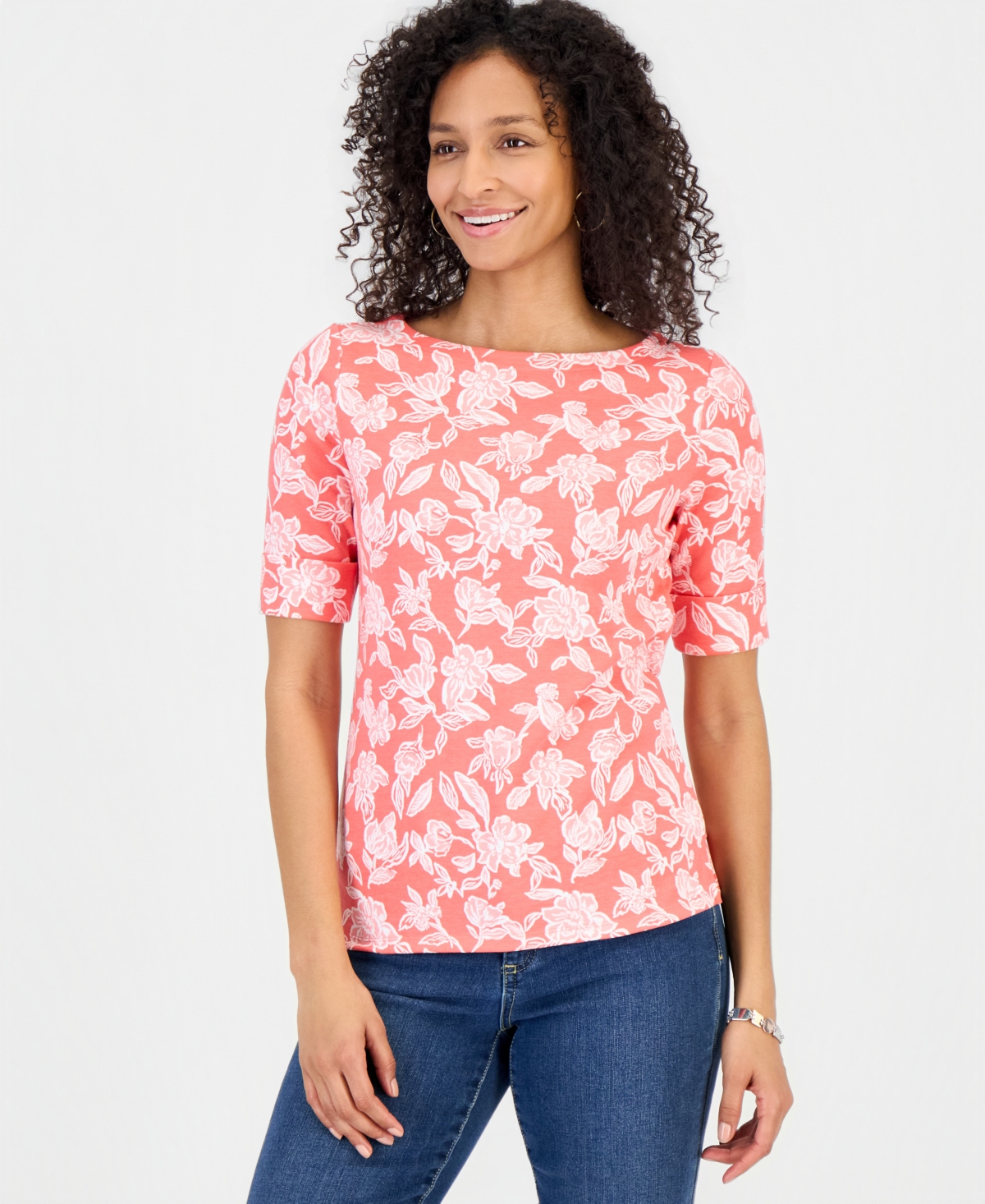 Click here for Style & Co Womens Printed Boat-Neck Elbow-Sleeve T... prices