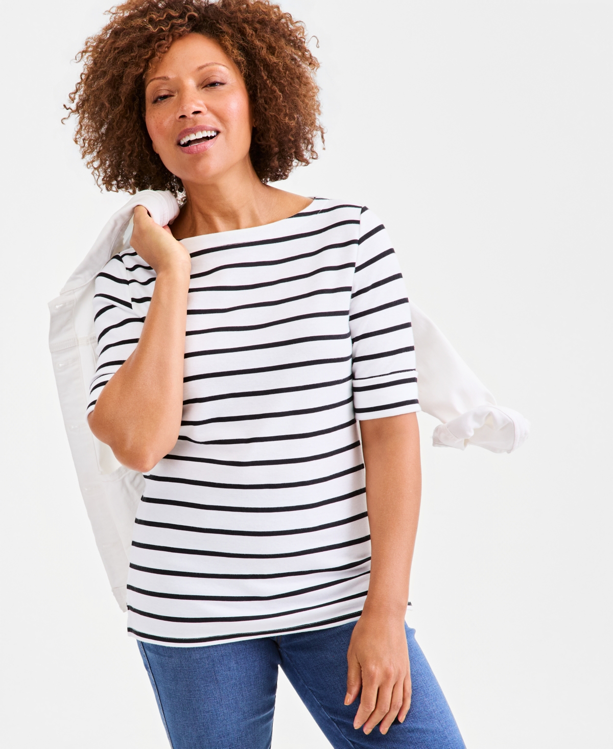 Click here for Style & Co Womens Printed Boat-Neck Elbow-Sleeve T... prices