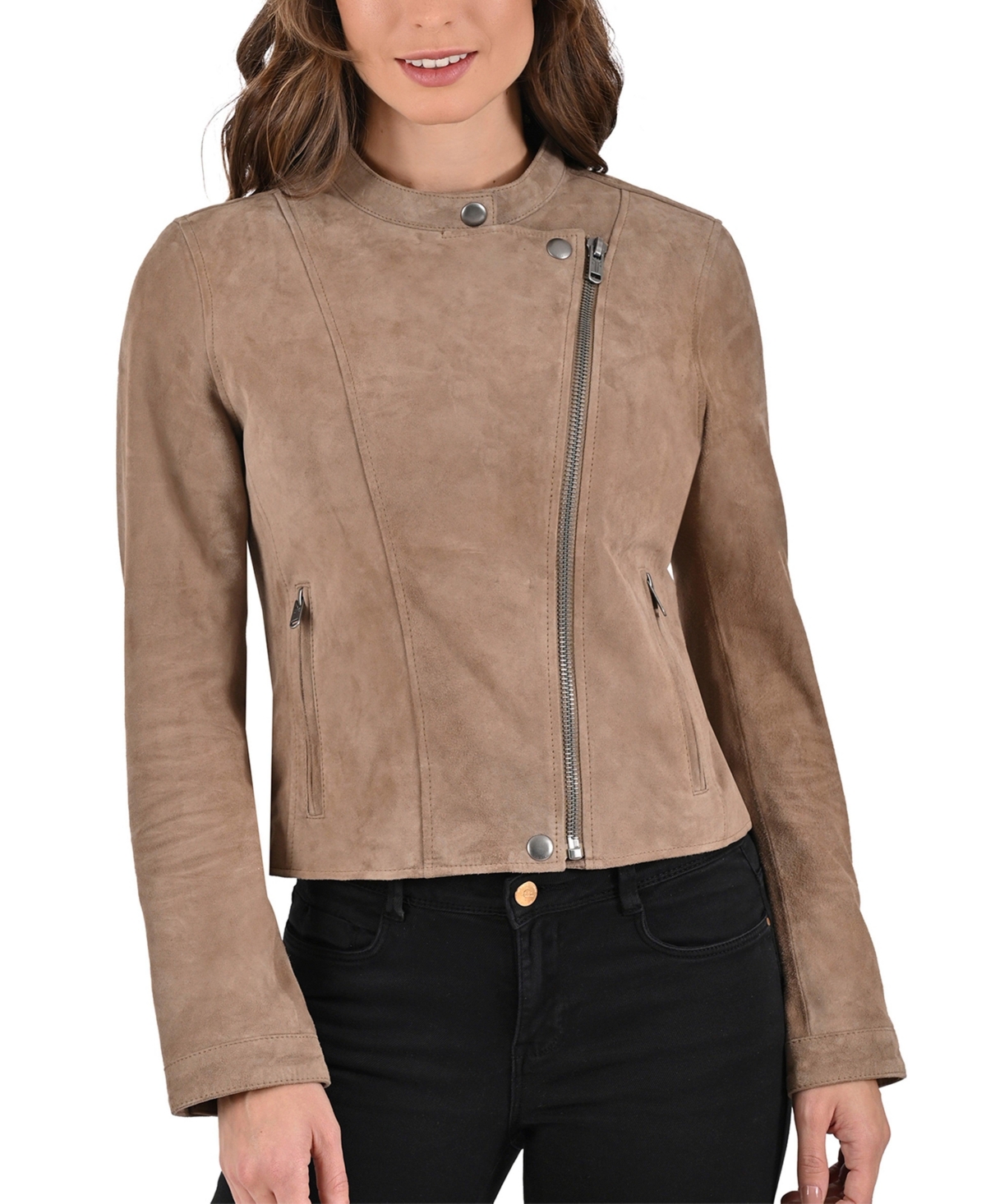 Click here for Frye Womens Biker Goat Suede Jacket - Taupe prices