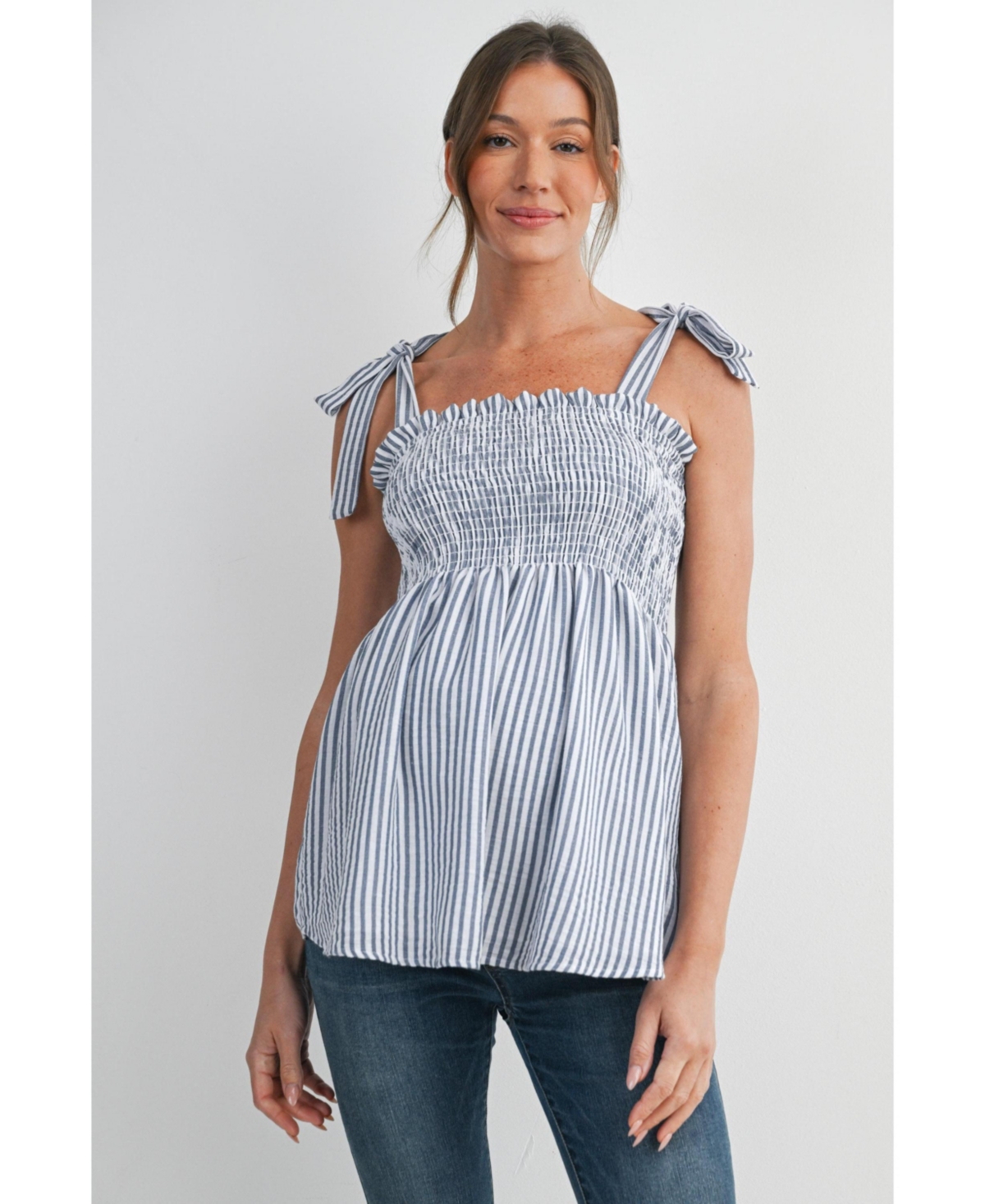 Click here for Hello Miz Maternity Striped Smocked Square Neck Ti... prices