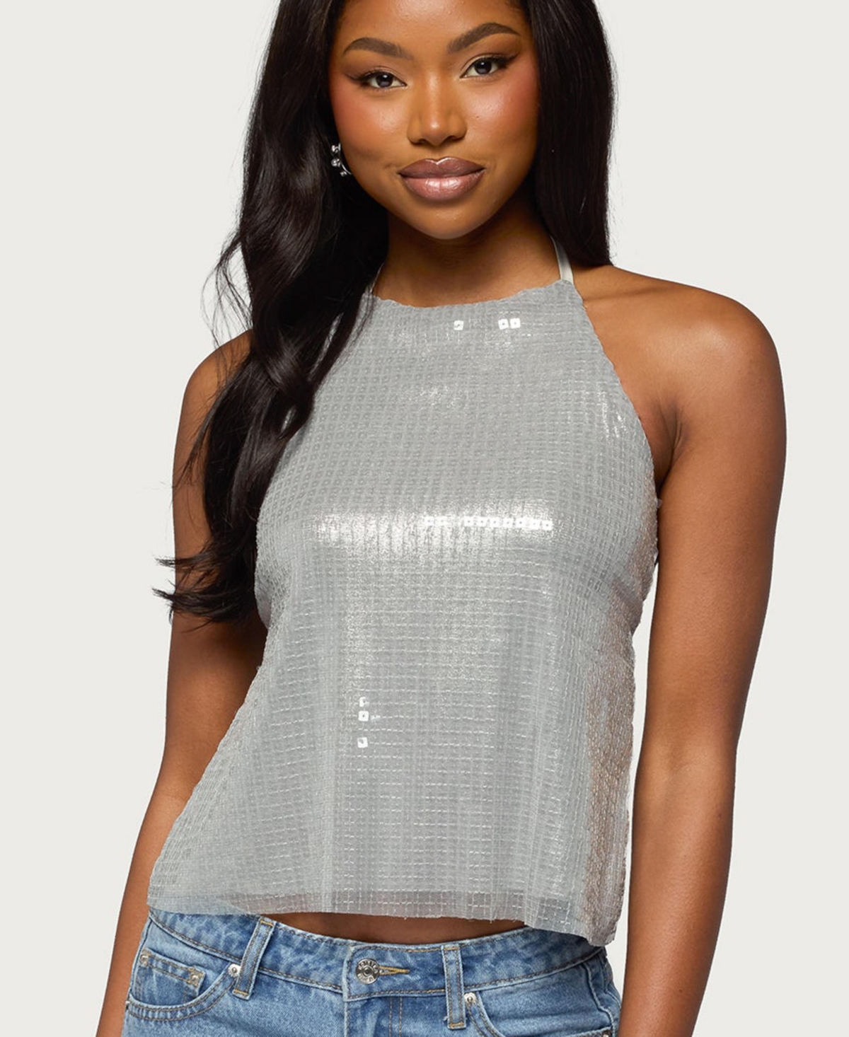 Click here for Edikted Womens Itara Sequin Backless Halter Top -... prices