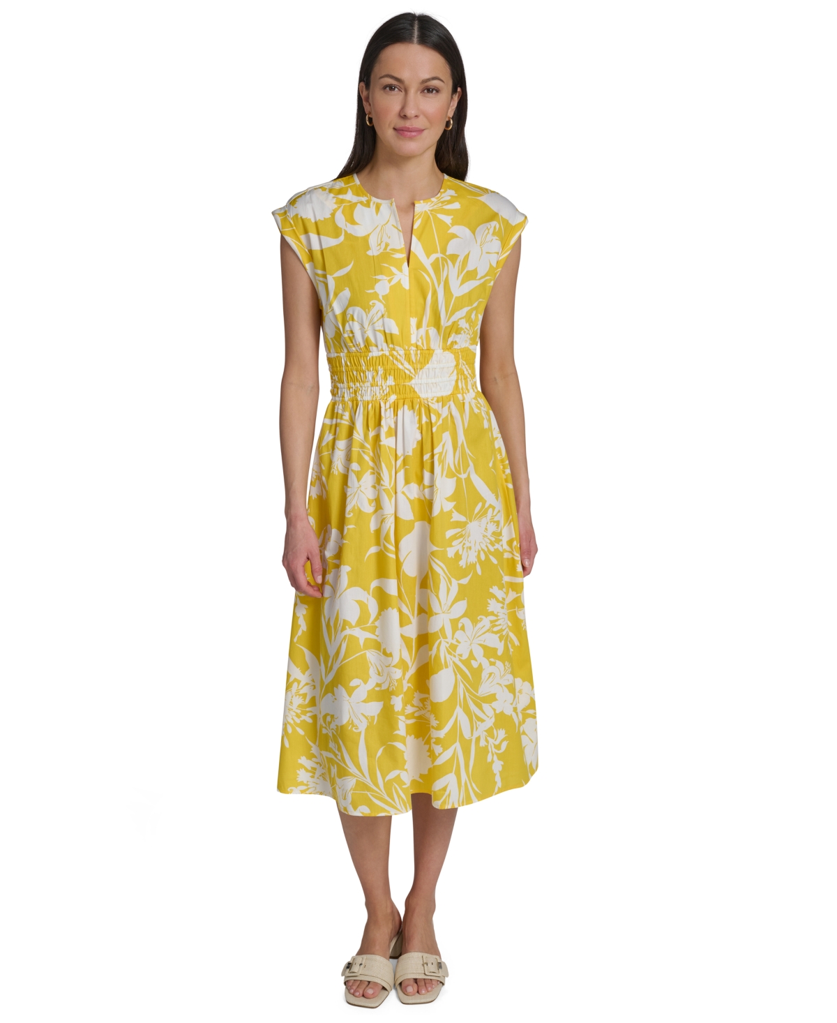 Click here for Calvin Klein Womens Floral Smocked A-Line Midi Dre... prices