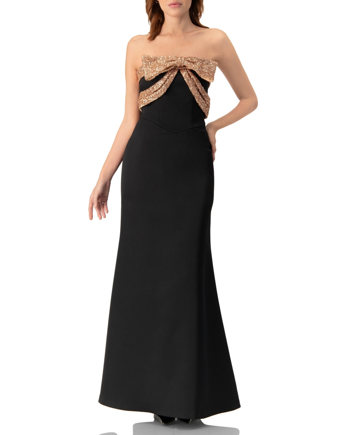 Click here for Ivonne Womens Long Strapless Dress with Sequin Bow... prices