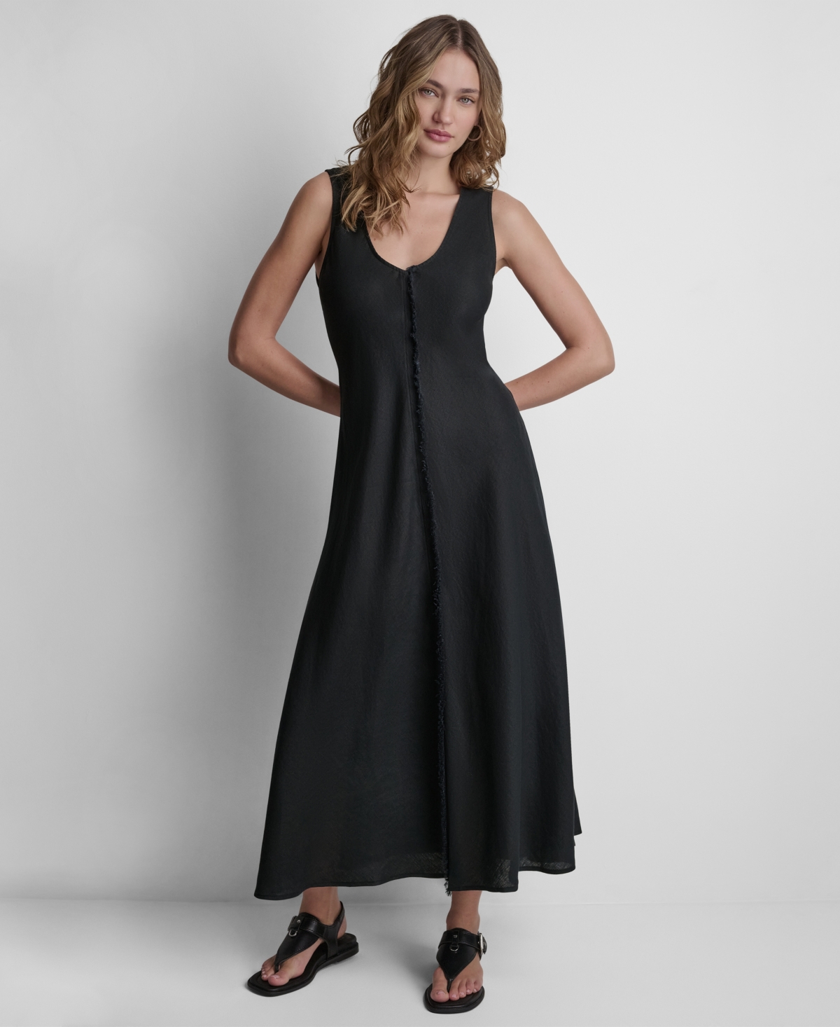 Click here for Dkny Womens V-Neck Sleeveless Midi Dress - Black prices