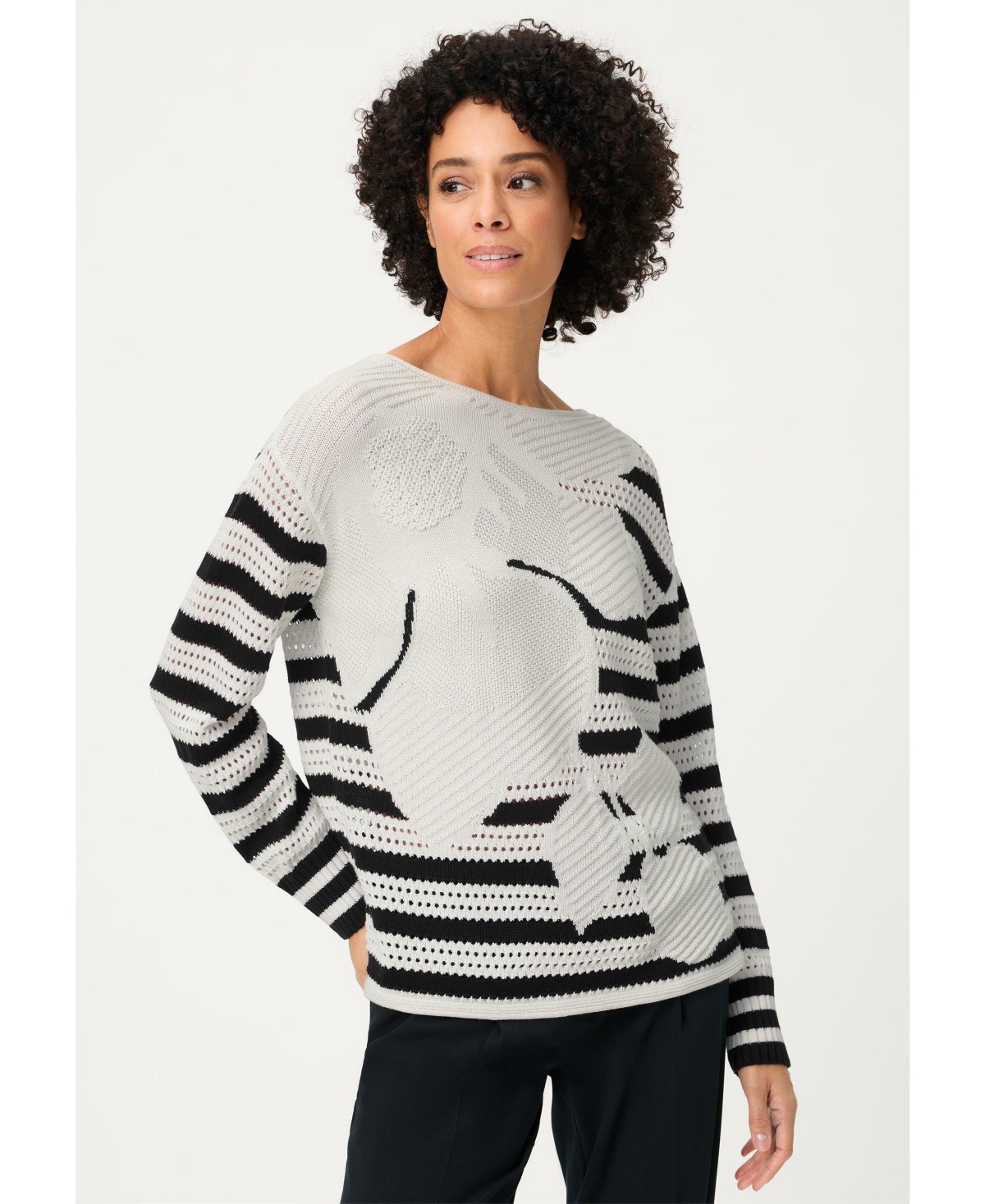 Click here for Olsen Womens Abstract Open Knit Sweater - Black prices