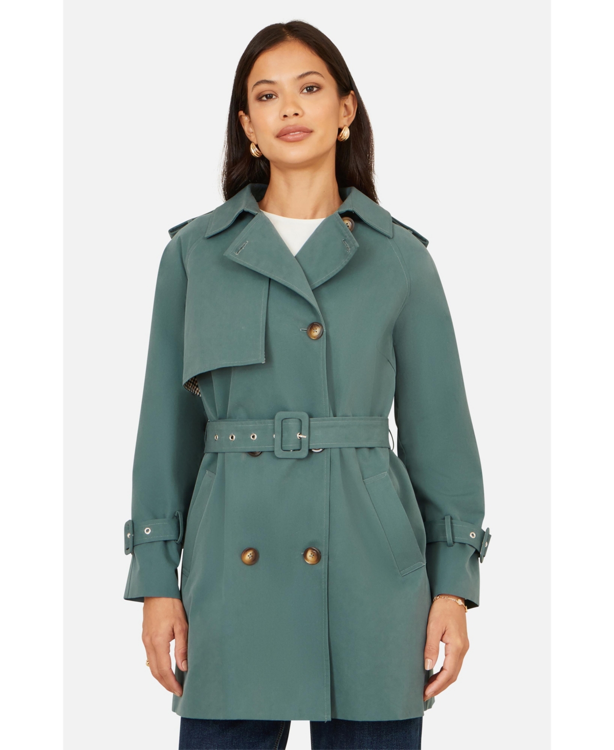 Click here for Yumi Womens Belted Trench Coat - Blue-green prices