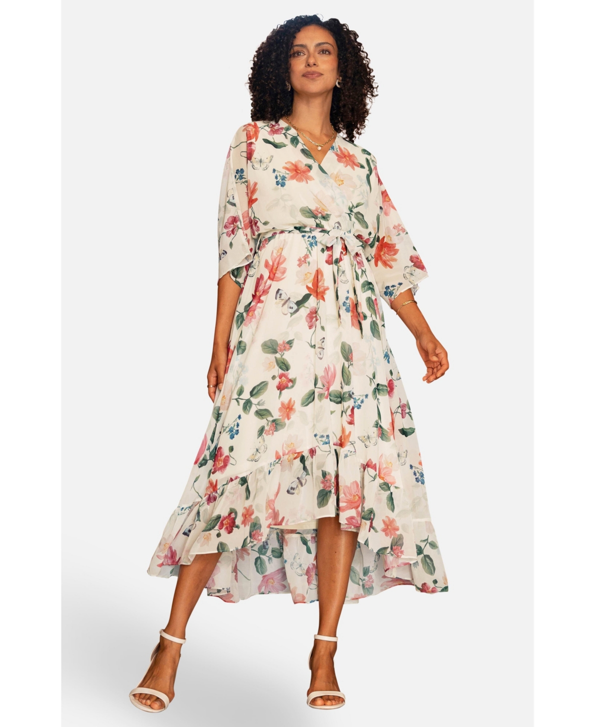 Click here for Yumi Womens Floral Dip Hem Kimono Wrap Dress - Ivo... prices