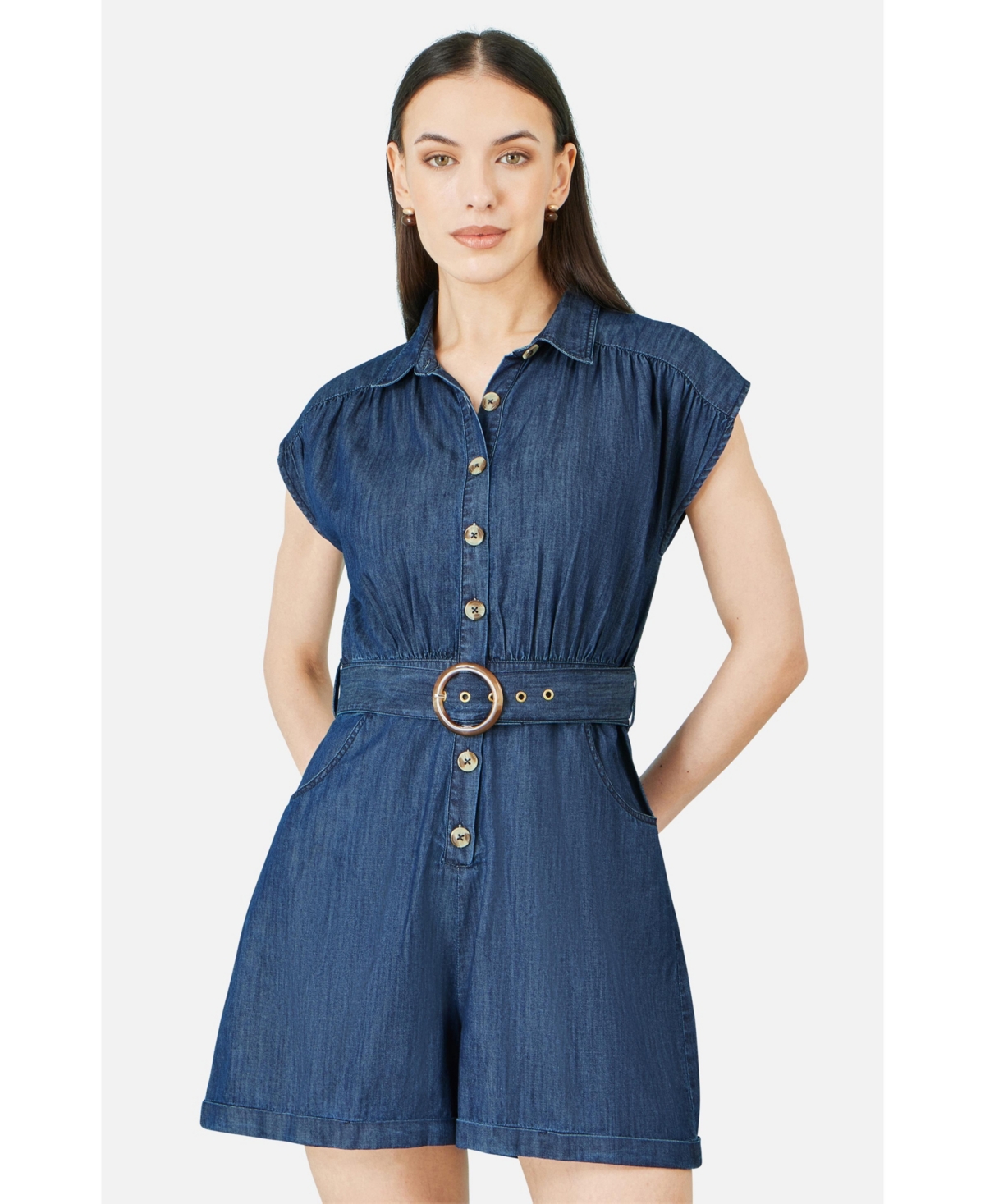 Click here for Yumi Womens Chambray Cotton Playsuit - Blue prices