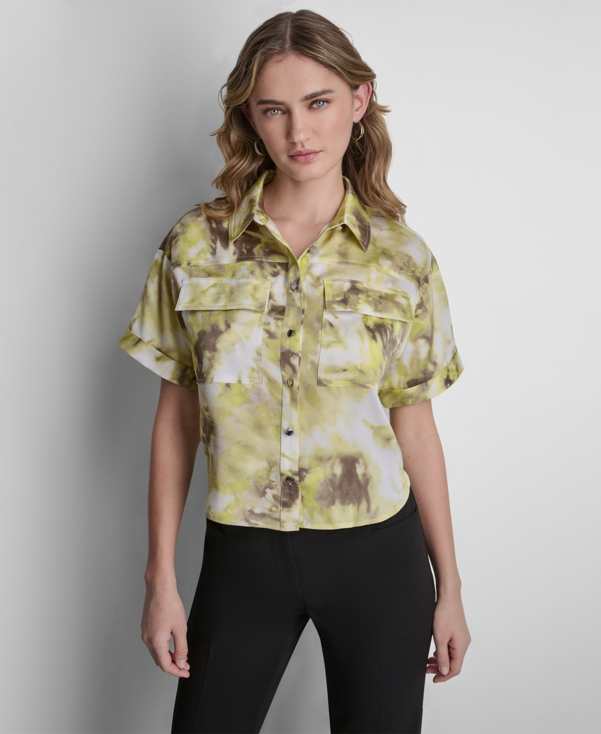 Click here for Dkny Petite Printed Button-Front Camp Shirt - Sage... prices