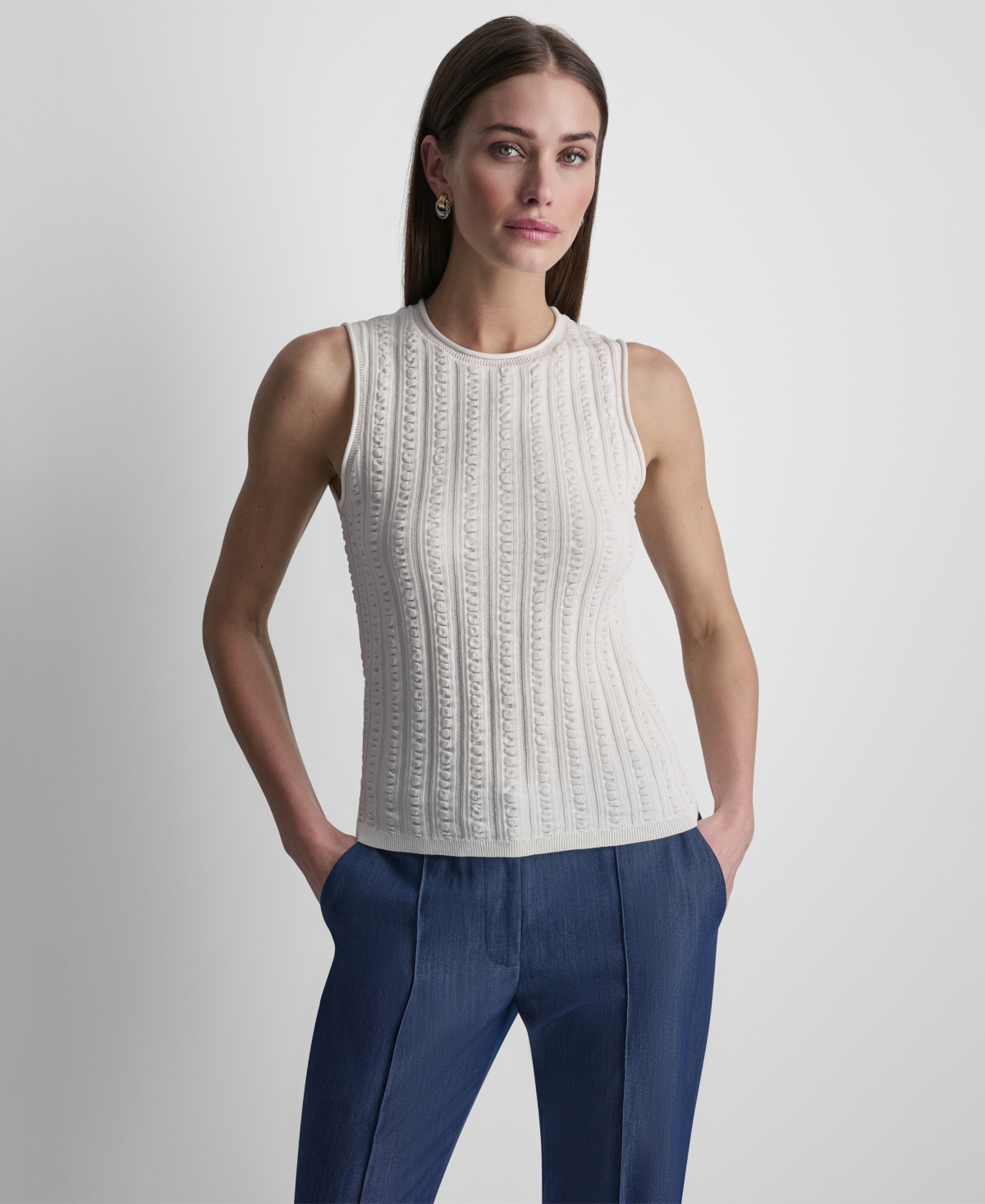 Click here for Dkny Womens Sleeveless Pucker Detail Sweater - Ivo... prices