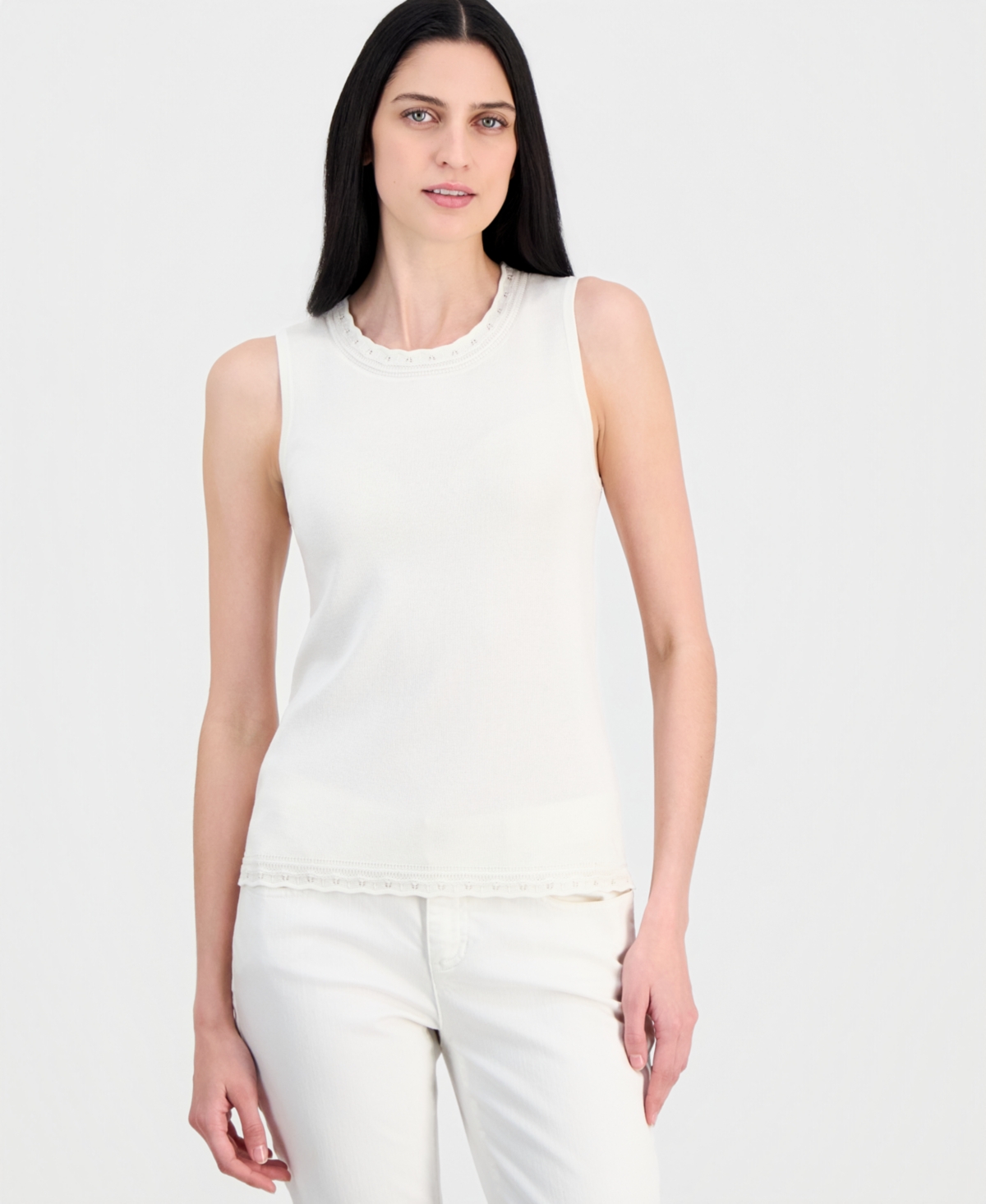 Click here for Anne Klein Womens Scallop-Trim Sleeveless Top - Wh... prices