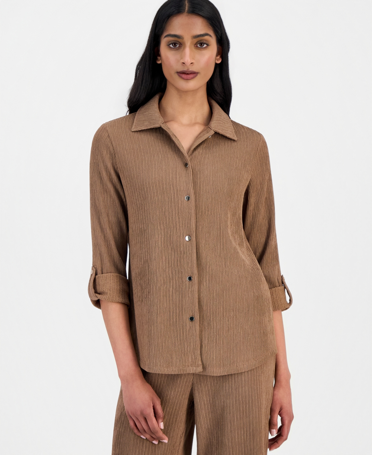 Click here for Anne Klein Womens Textured Roll-Tab Shirt - Mushro... prices