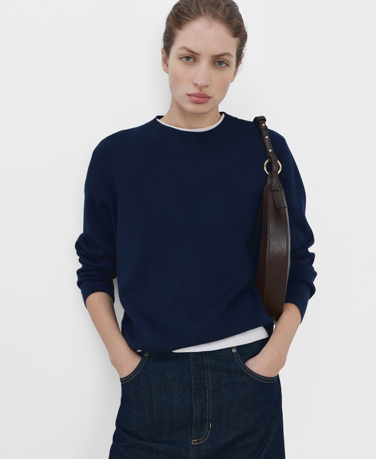 Click here for Mango Womens Round-Neck Knitted Sweater - Dark Nav... prices