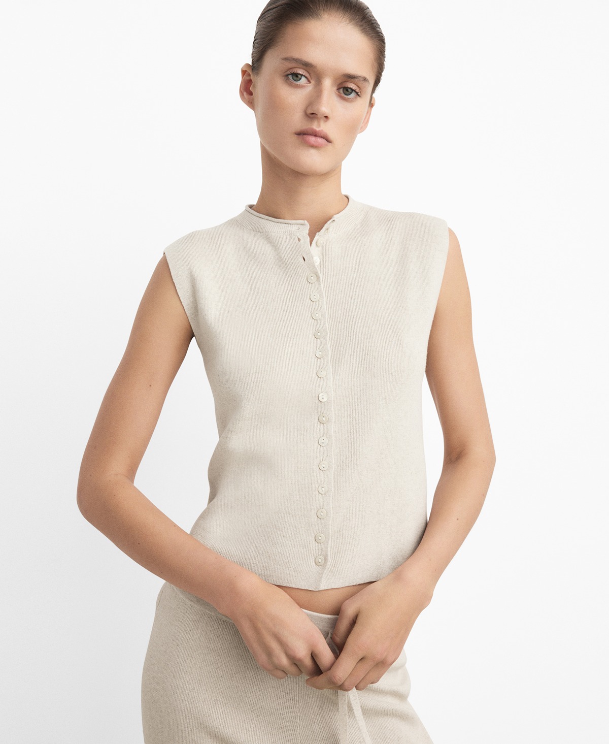 Click here for Mango Womens Cotton Linen Knitted Gilet - Beige prices