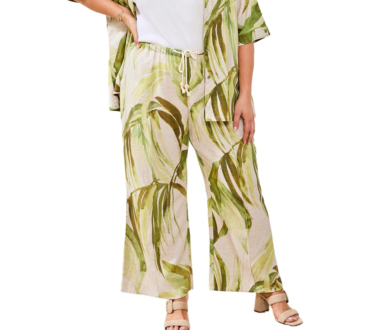Click here for Tribal Plus Size Printed Linen Flare Pull-On Ankle... prices