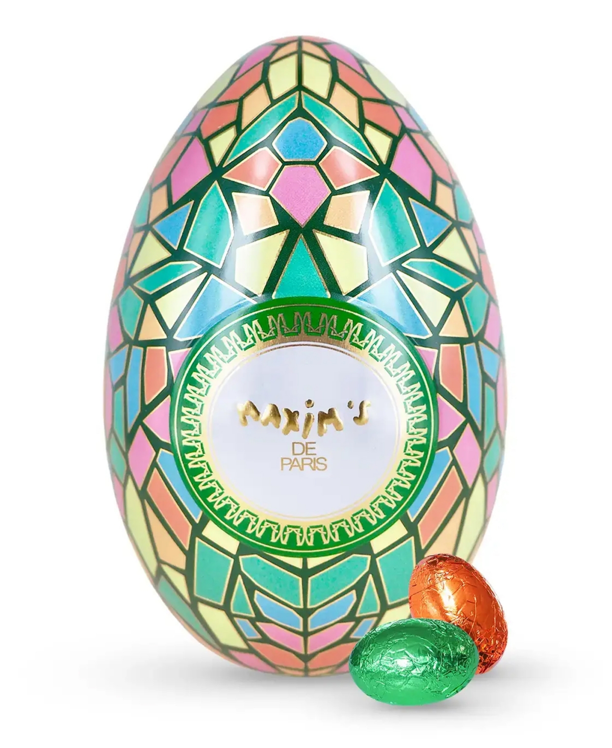 Click here for Maxims De Paris Mosaic Easter Egg Tin Chocolate Eg... prices