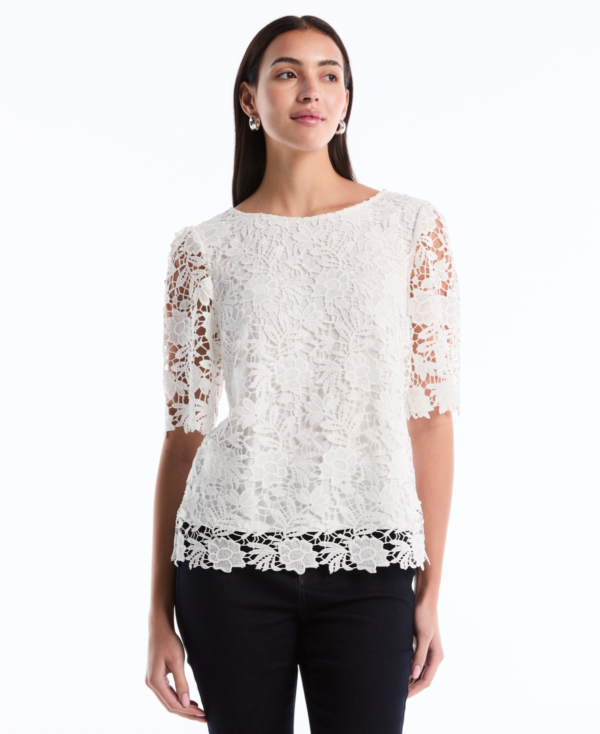 Click here for Rafaella Petite Scalloped Elbow-Sleeve Lace Top -... prices