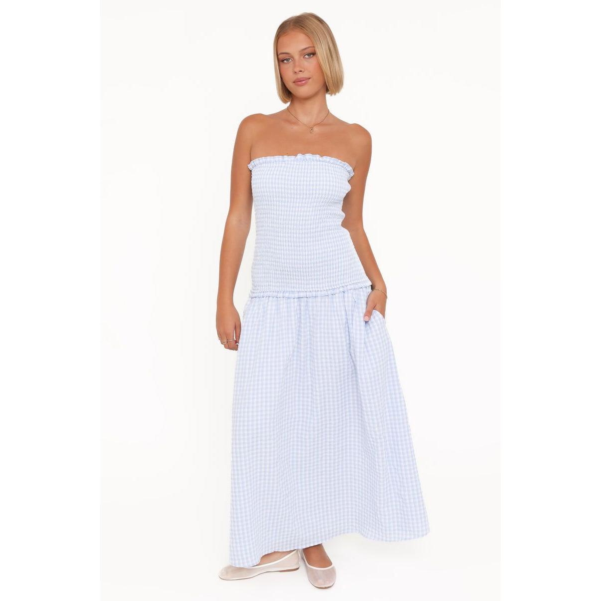 Click here for Petal and Pup Womens Parkway Maxi Dress - Blue gin... prices