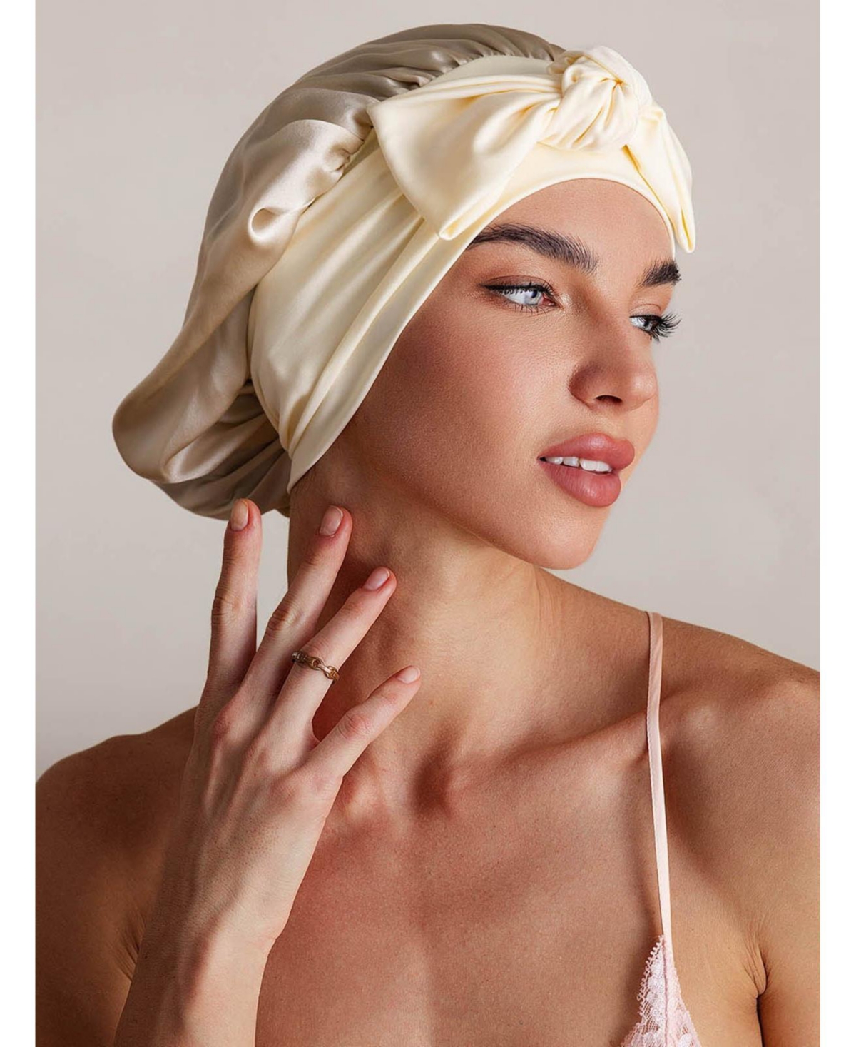 Click here for Silksilky Pure Silk Bowknot Tie Bonnet - Beige/Kha... prices