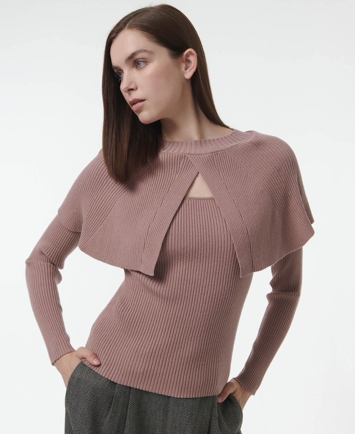 Click here for Leem Womens Cape Detail Fitted Sweater - Pink prices