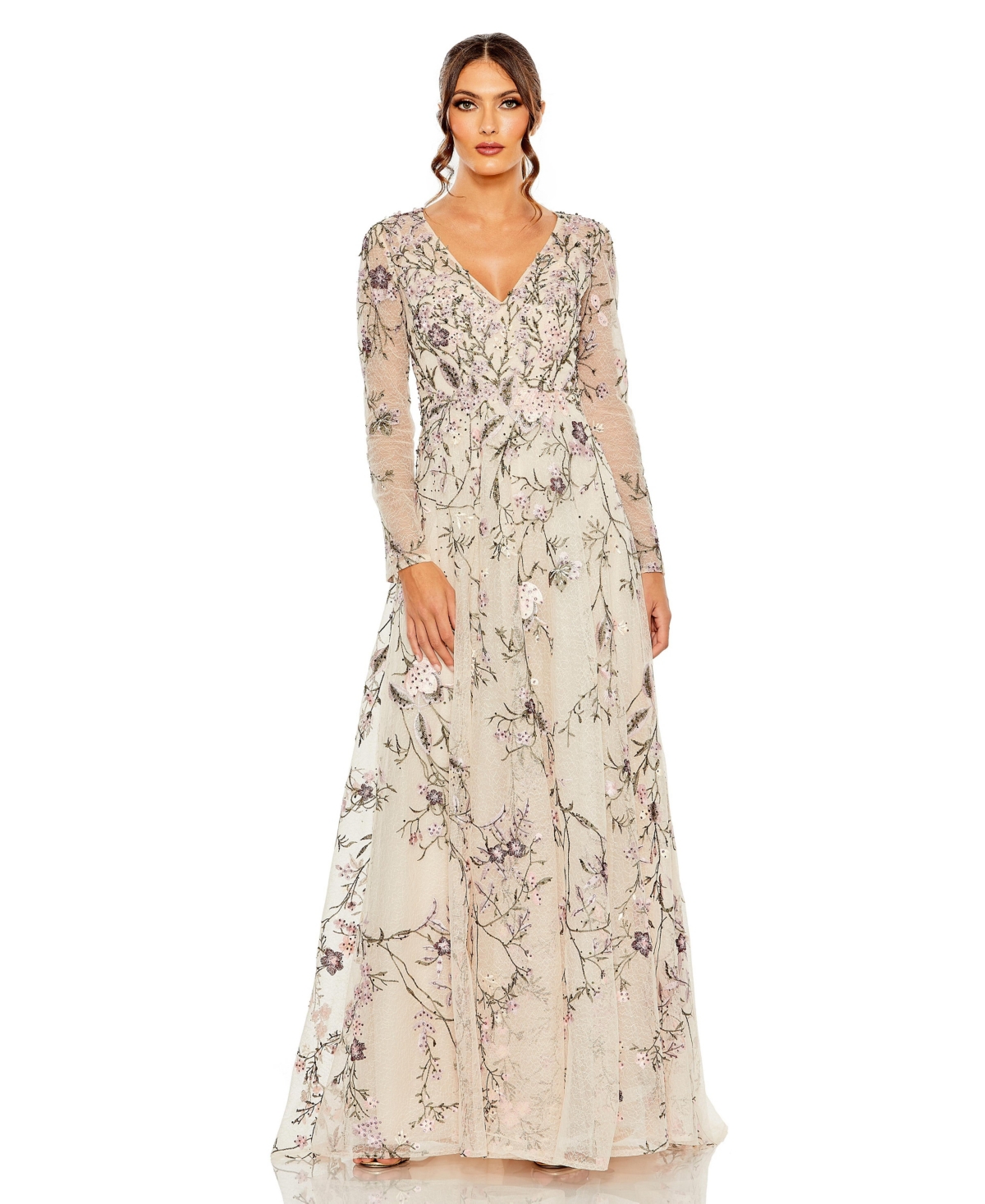 Click here for Mac Duggal Womens V Neck Long Sleeve Embroidered A... prices