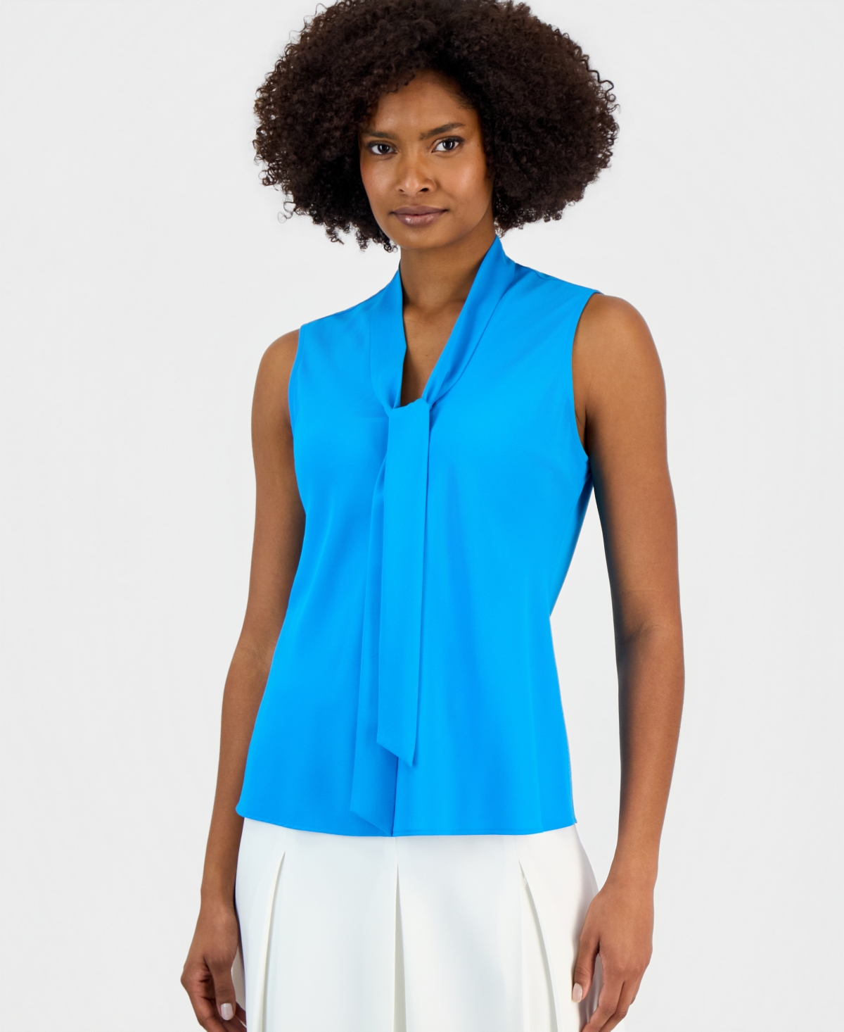 Click here for Kasper Womens Sleeveless Tie-Neck Top - Bright Azu... prices