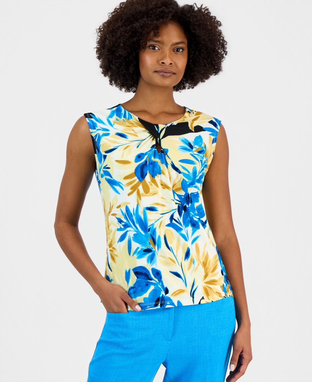 Click here for Kasper Womens Printed Twisted Keyhole Top - Butter... prices