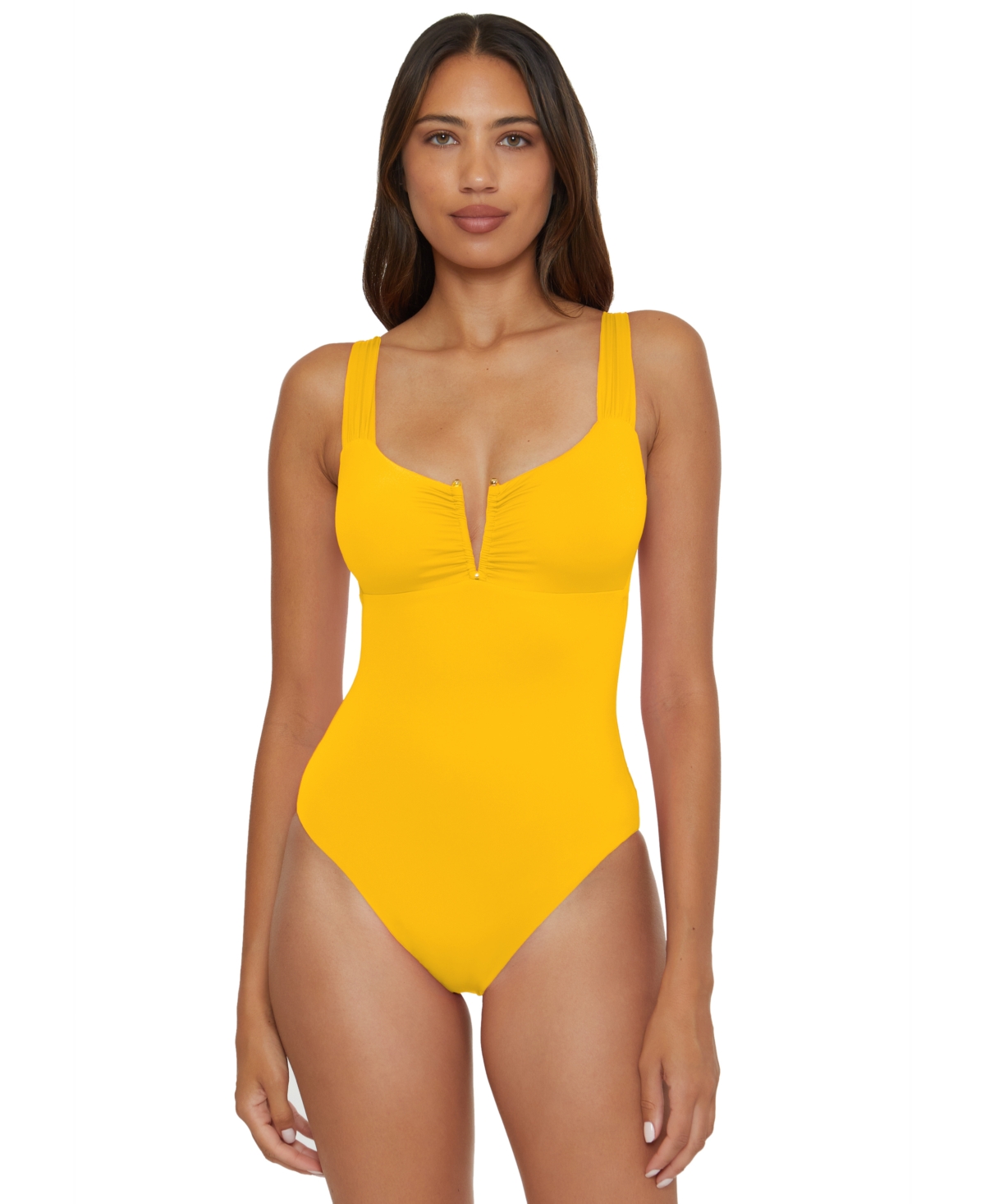 Click here for Becca Womens V-Neck One-Piece Swimsuit - Sunglow prices