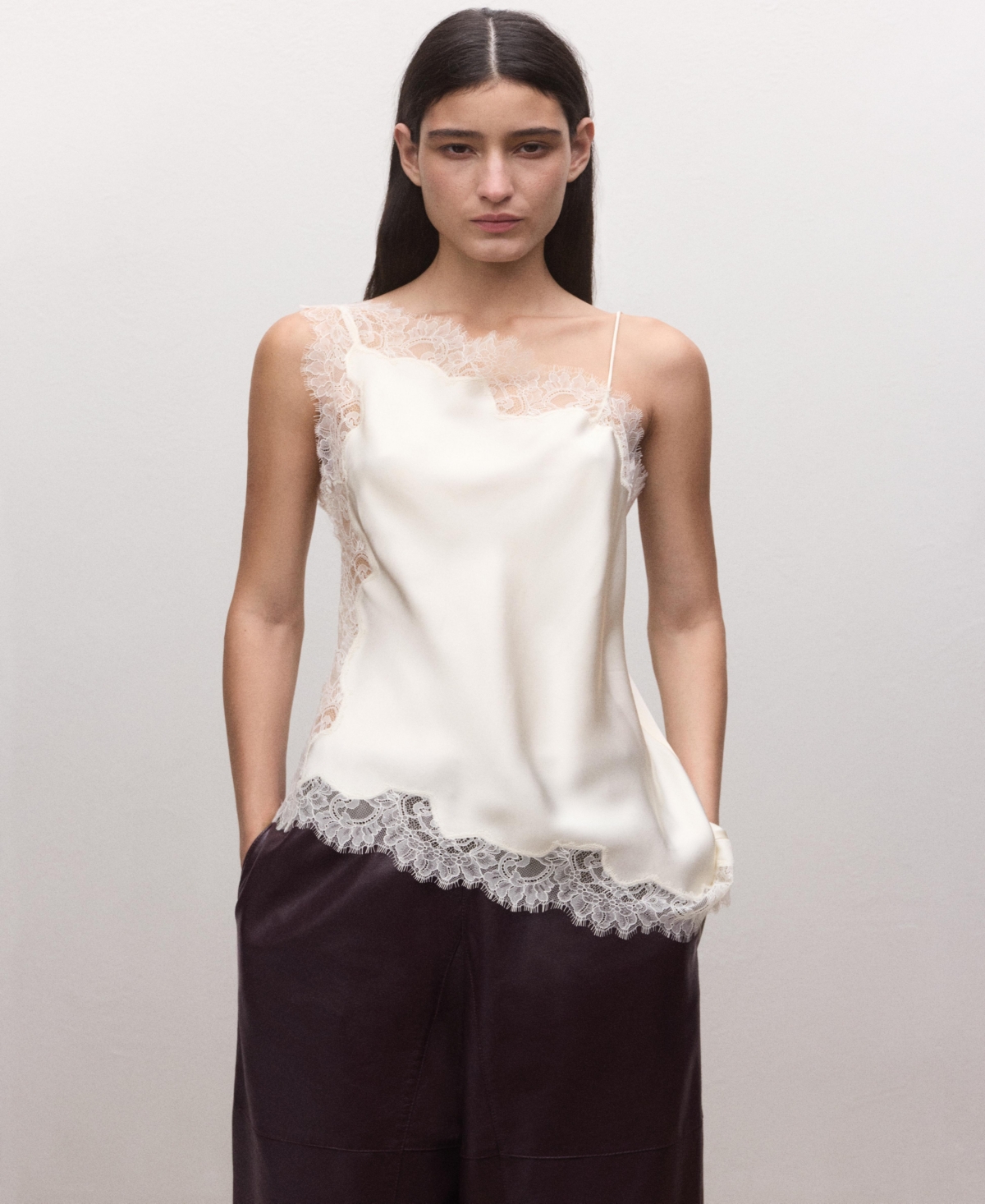 Click here for Mango Womens Asymmetric Satin Lace Top - Ecru prices