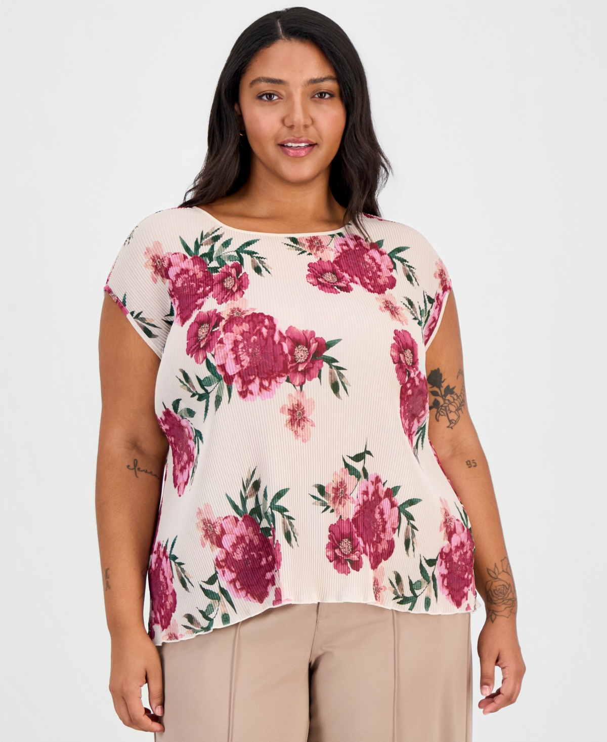 Click here for Tahari Asl Plus Size Plisse Floral-Print Top - San... prices