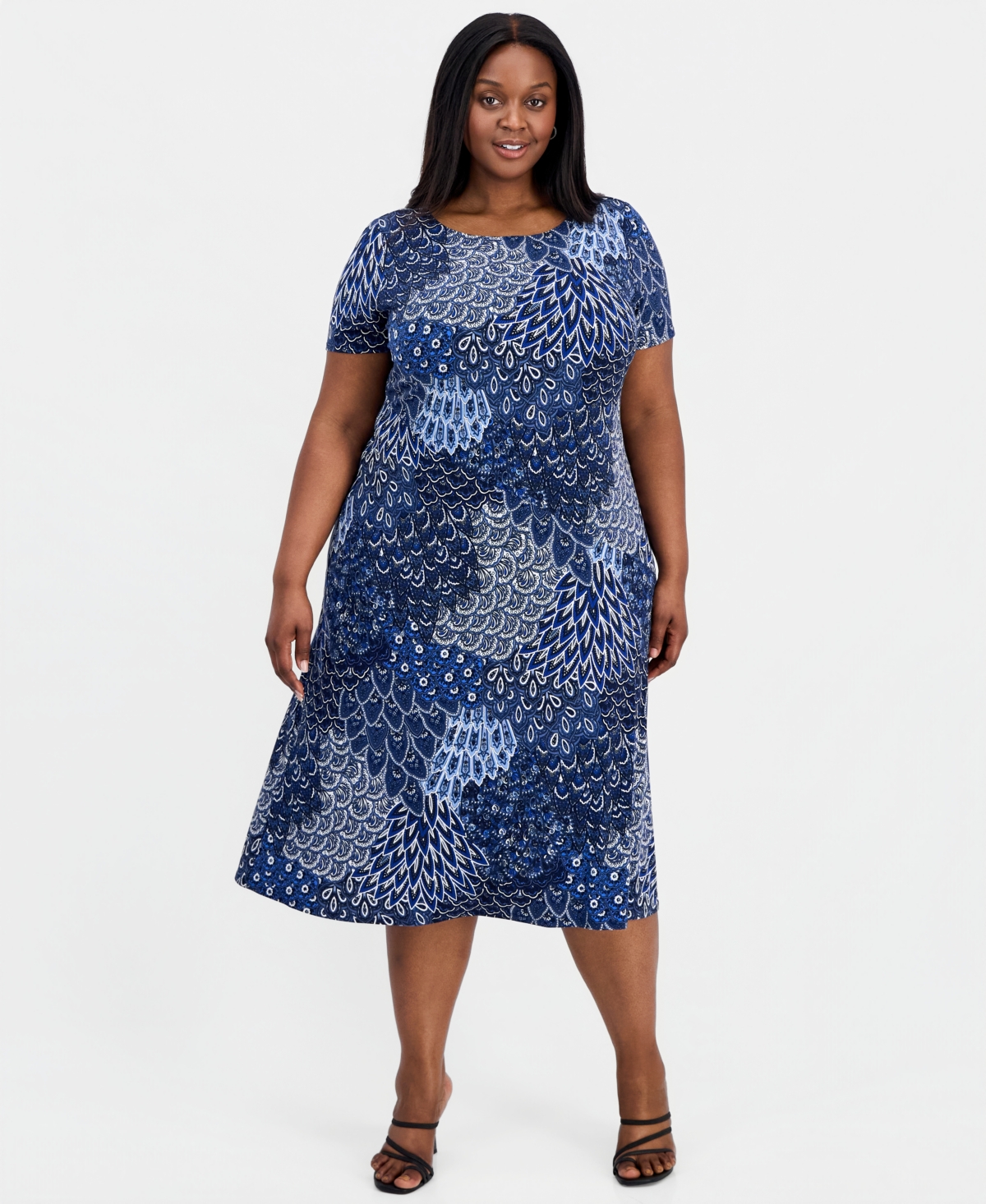 Click here for Connected Plus Size Printed Round-Neck A-Line Dres... prices