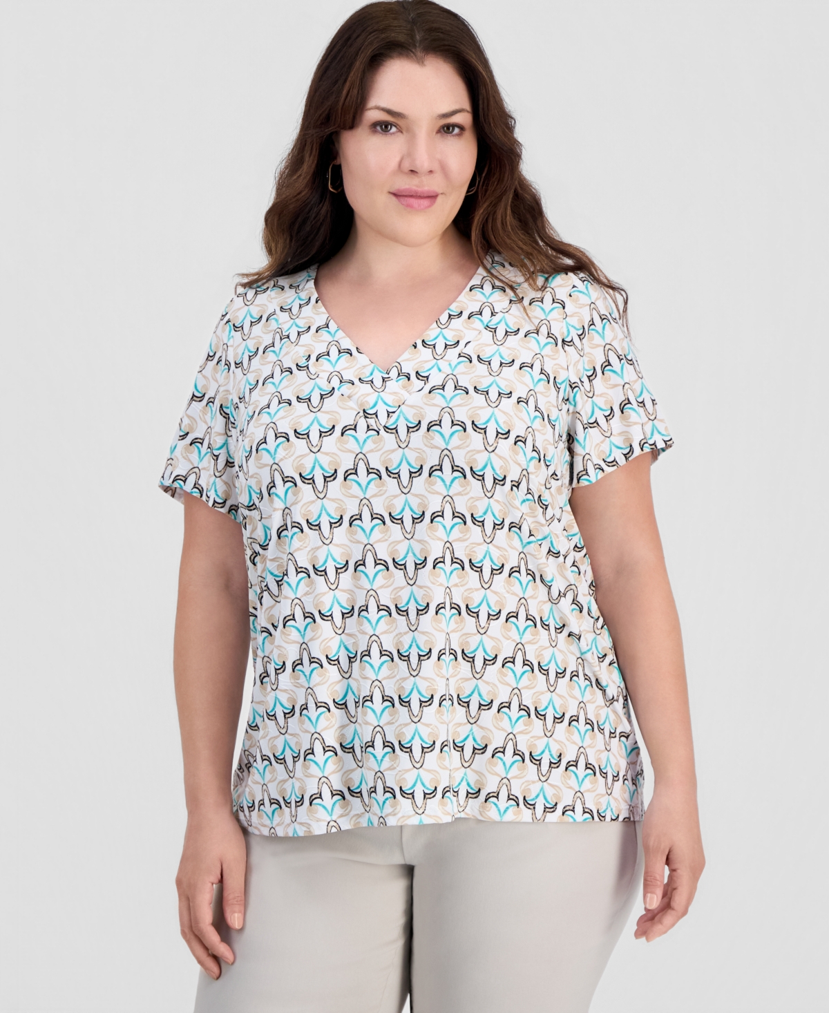 Click here for Jm Collection Plus Size Mia Tile V-Neck Flutter-Sl... prices