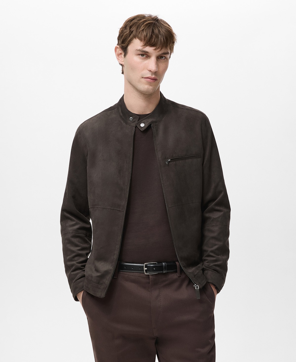 Click here for Mango Mens Suede-Effect Biker Jacket - Brown prices