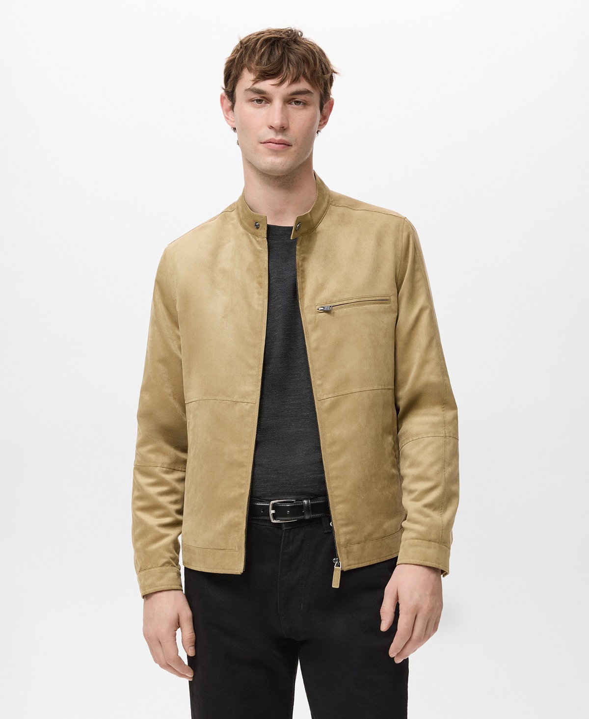 Click here for Mango Mens Suede-Effect Biker Jacket - Beige prices