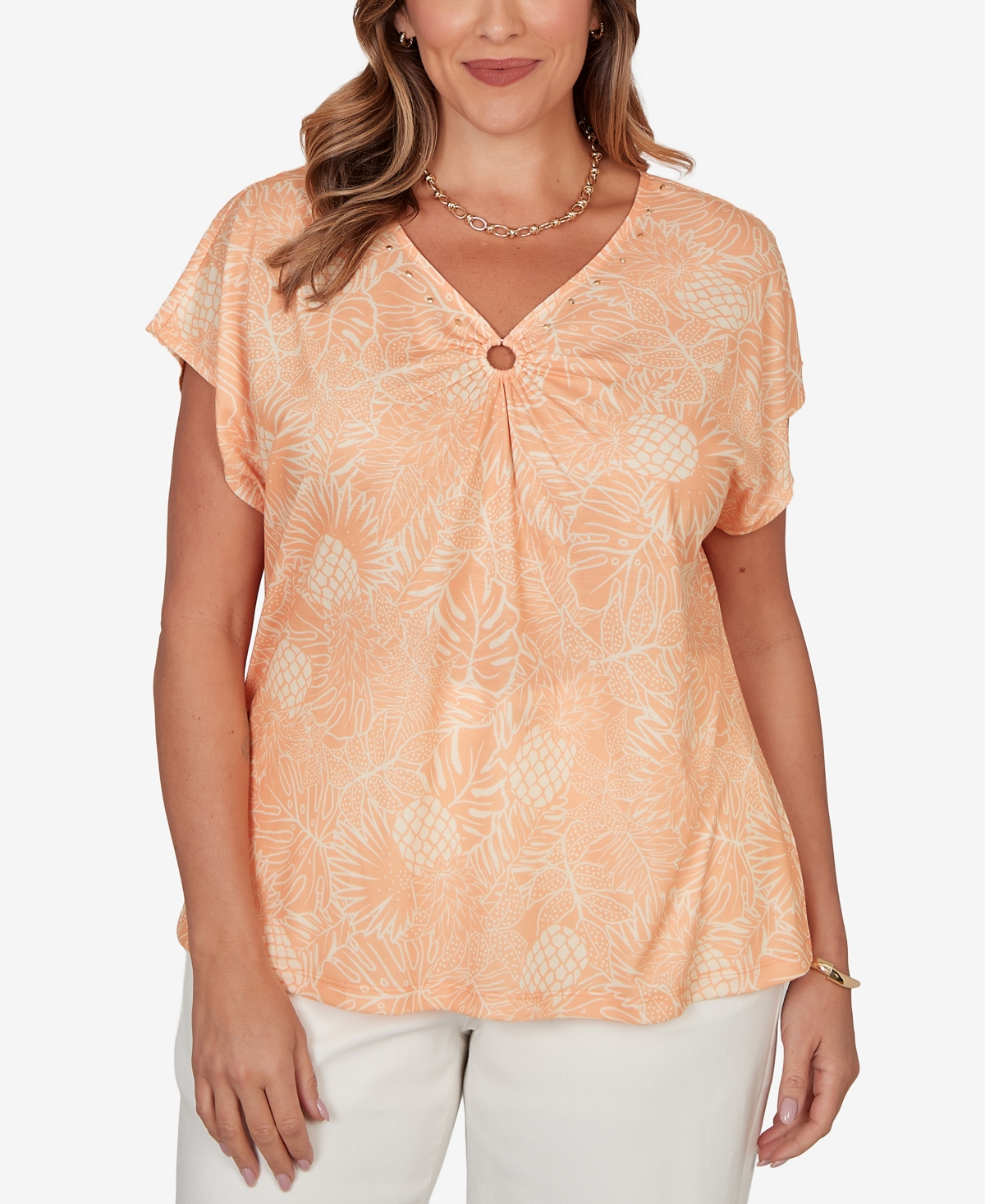 Click here for Hearts Of Palm Plus Size Printed V-neck Top - Tang... prices