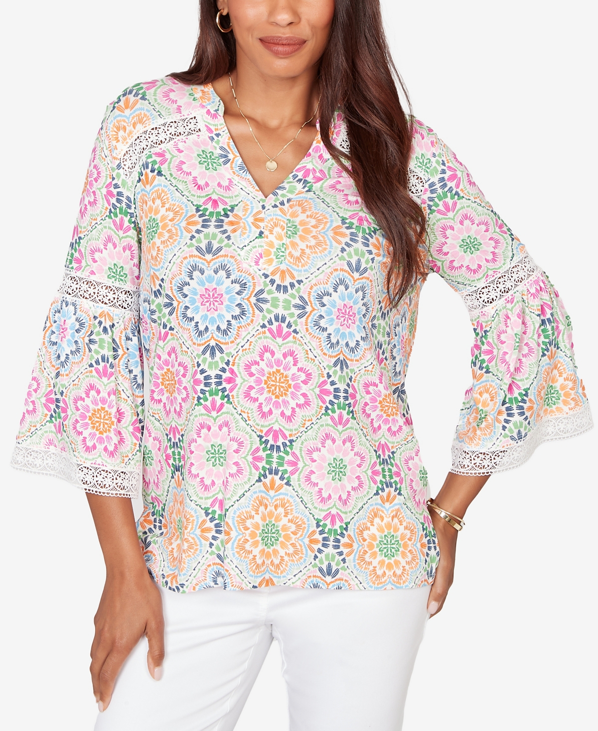 Click here for Ruby Rd. Petite Medallion Print Lace Detail Knit T... prices