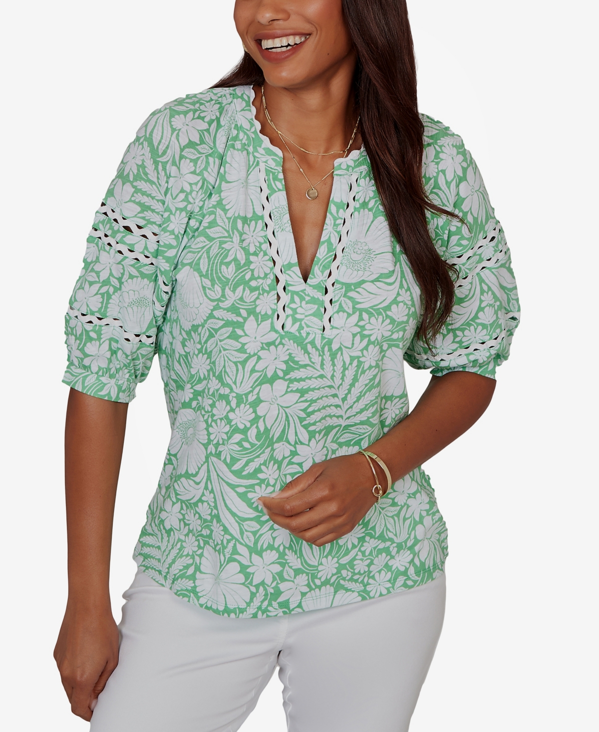 Click here for Ruby Rd. Petite Tropical Floral Trim Knit Top - Sp... prices