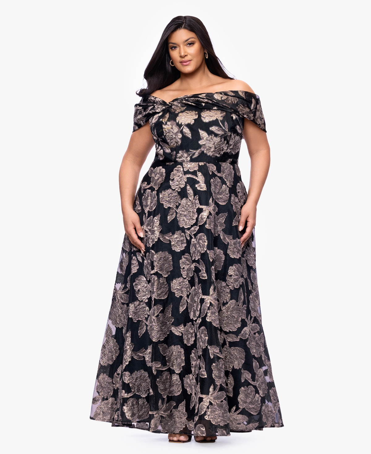 Click here for Betsy & Adam Plus Size Printed Off-The-Shoulder Ba... prices