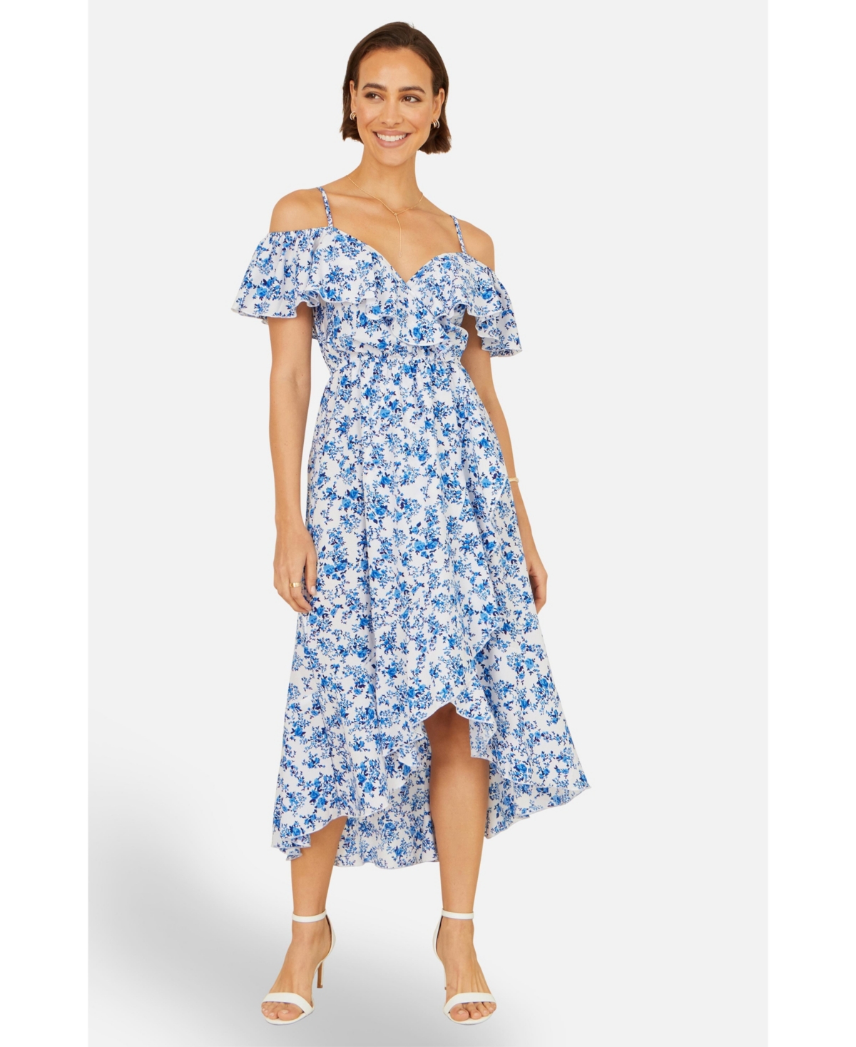 Click here for Yumi Womens Floral Print Bardot Midi Dress - Blue prices