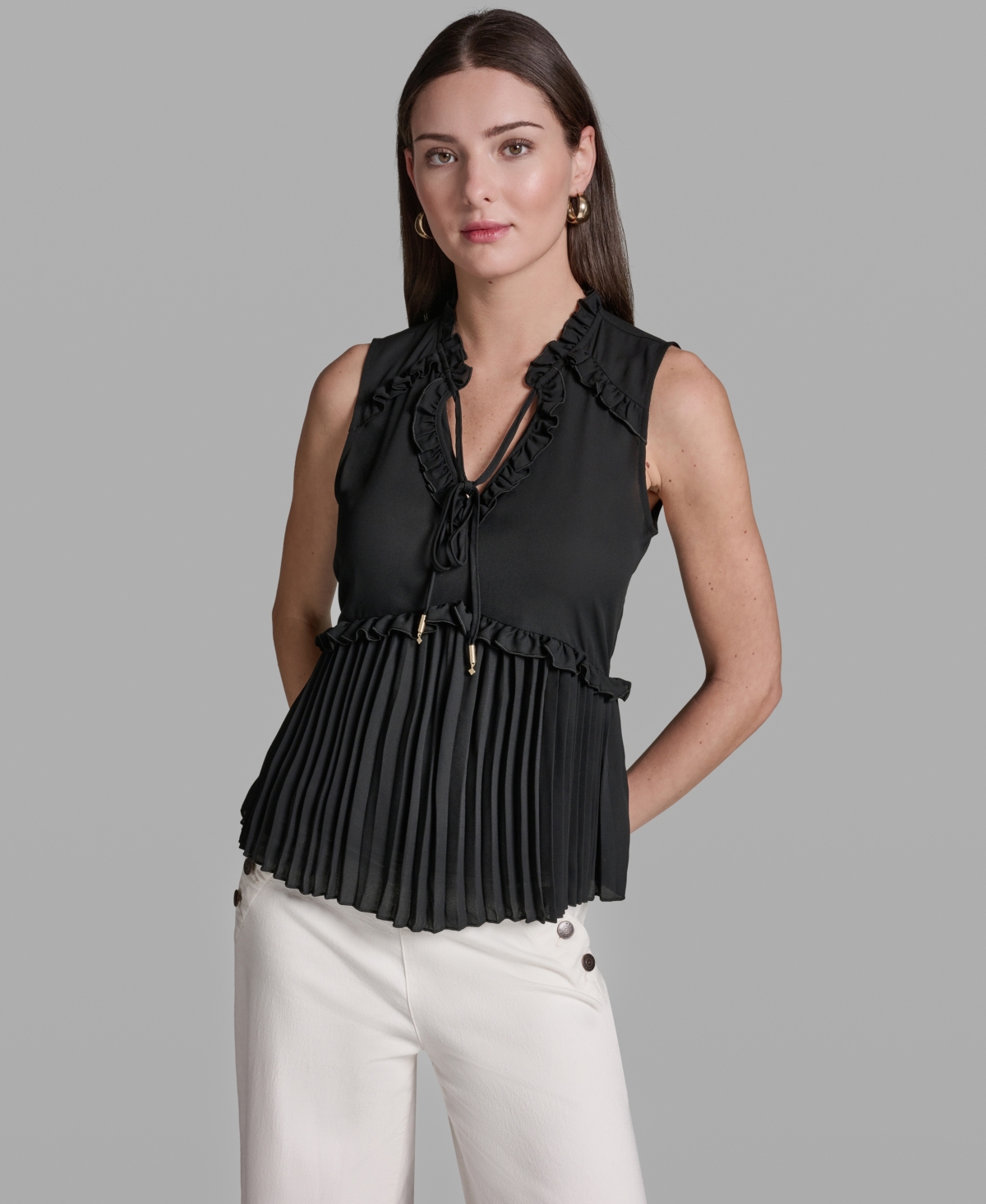 Click here for Bcbg Womens Ruffles Pleated Hem Top - Black prices