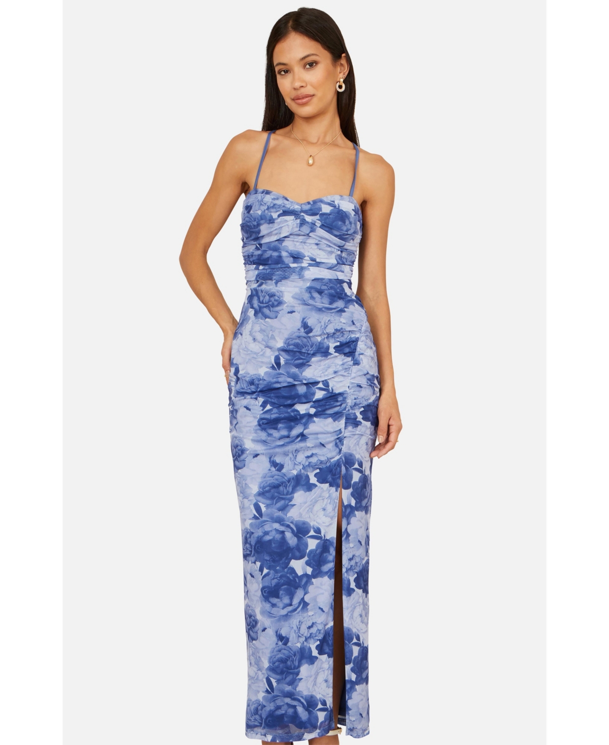 Click here for Yumi Womens Mesh Ruched Midi Dress - Blue prices