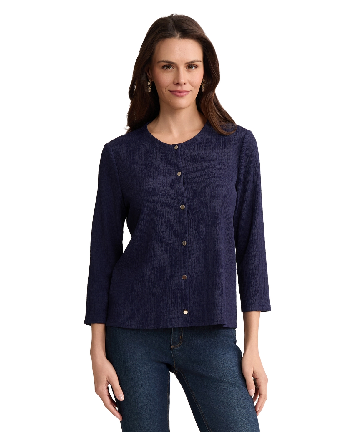 Click here for Jones New York Womens Button-Front Round Neck Swea... prices