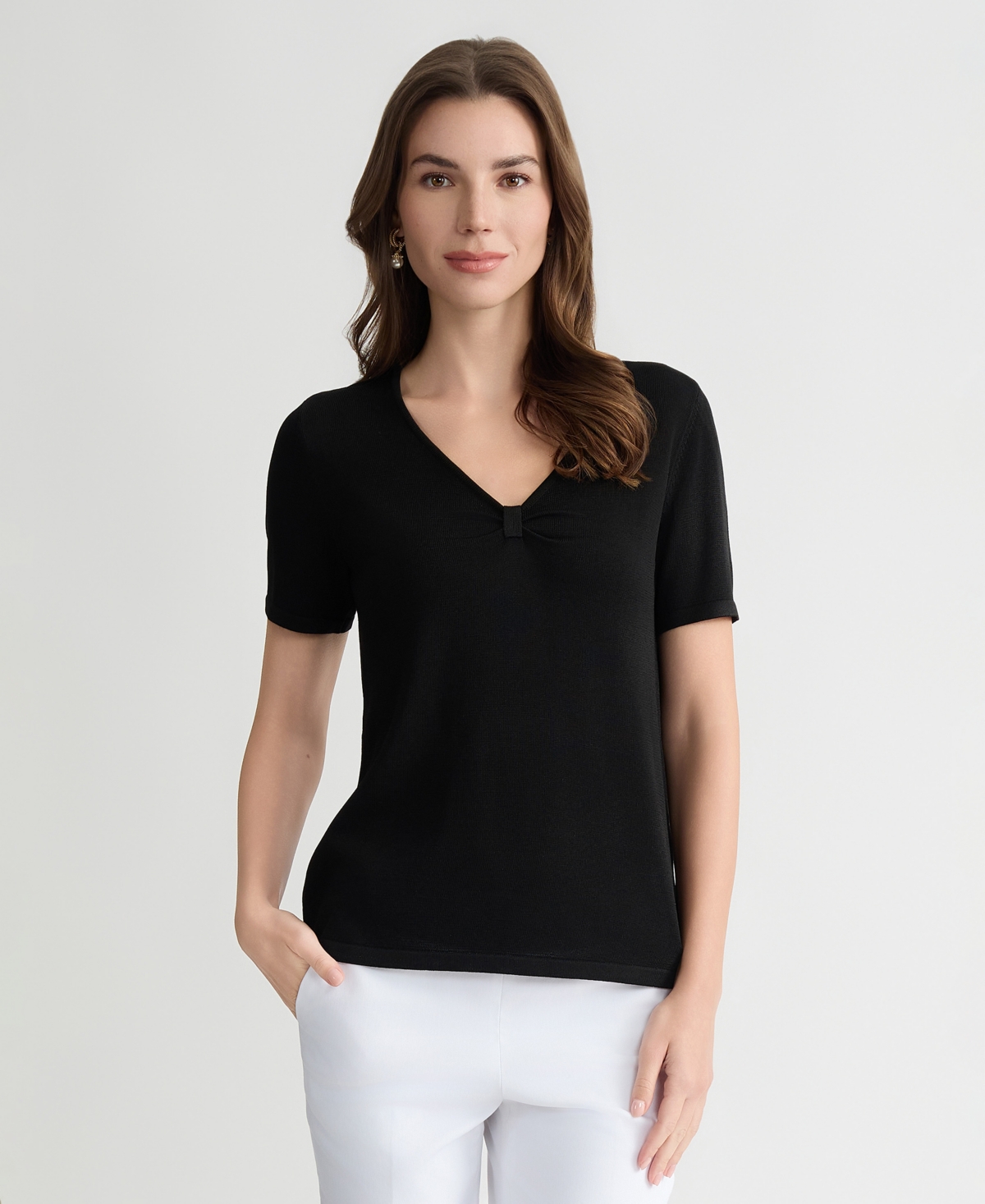 Click here for Kasper Petite Short-Sleeve V-Neck Sweater - Black prices